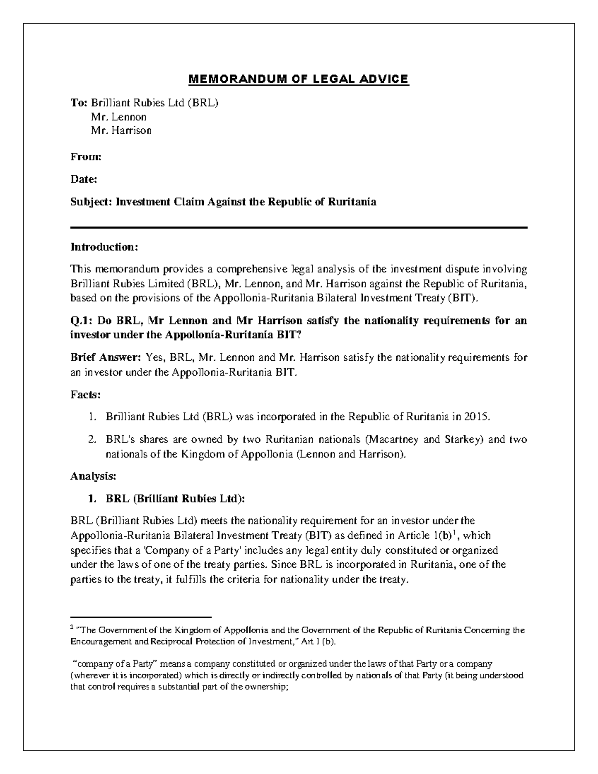 Memorandum OF Legal Advice - MEMORANDUM OF LEGAL ADVICE To: Brilliant ...