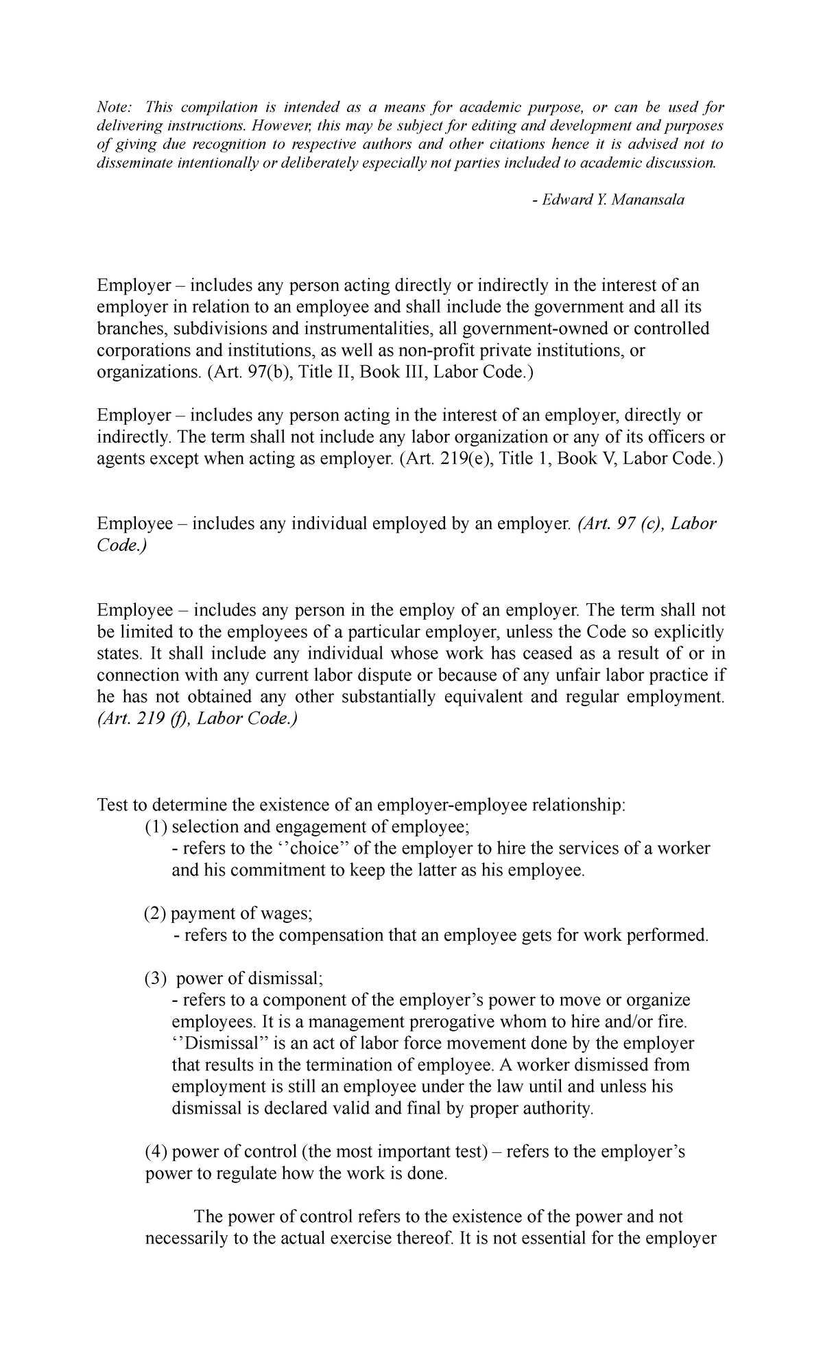 Classifications of Employment and Four Fold Test of ER EE Relations ...