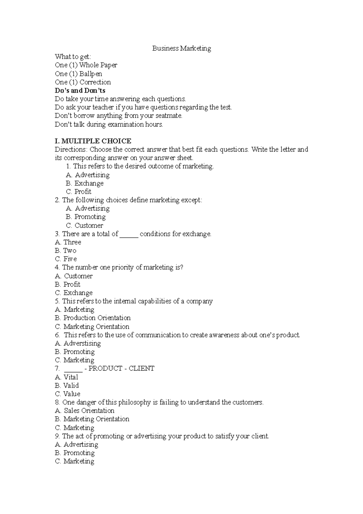 Business-Marketing-Exam - Business Marketing What to get: One (1) Whole ...