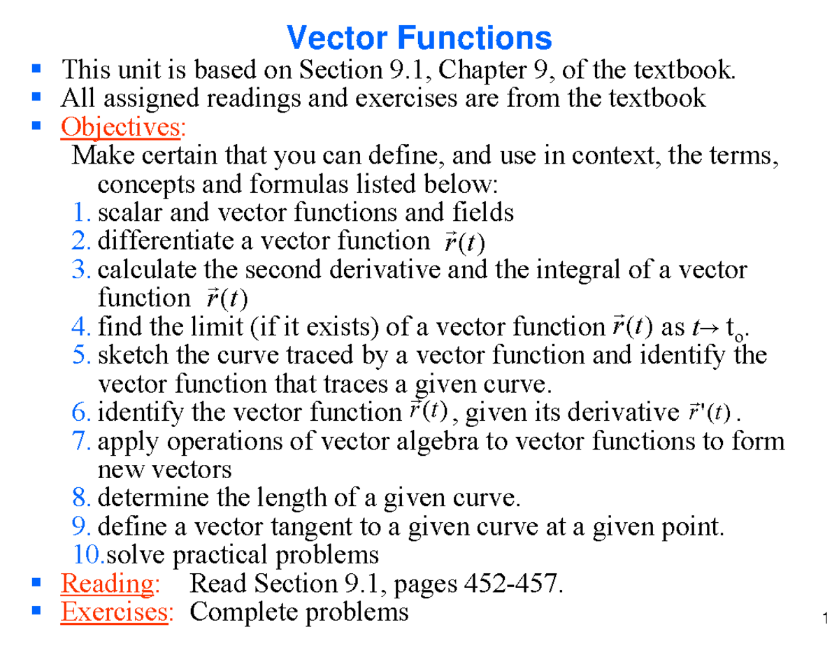 Vector Functions 99 - Vector Functions This unit is based on Section 9 ...