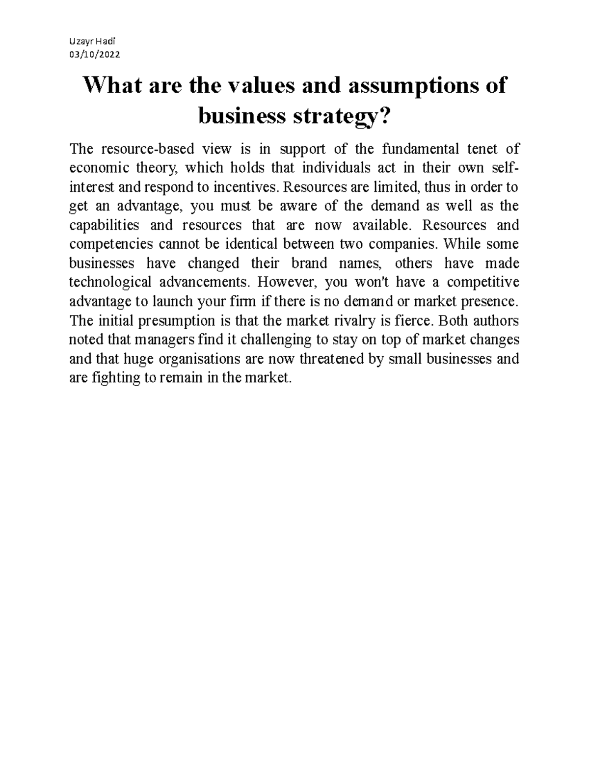 What are the values and assumptions of business strategy - Uzayr Hadi ...