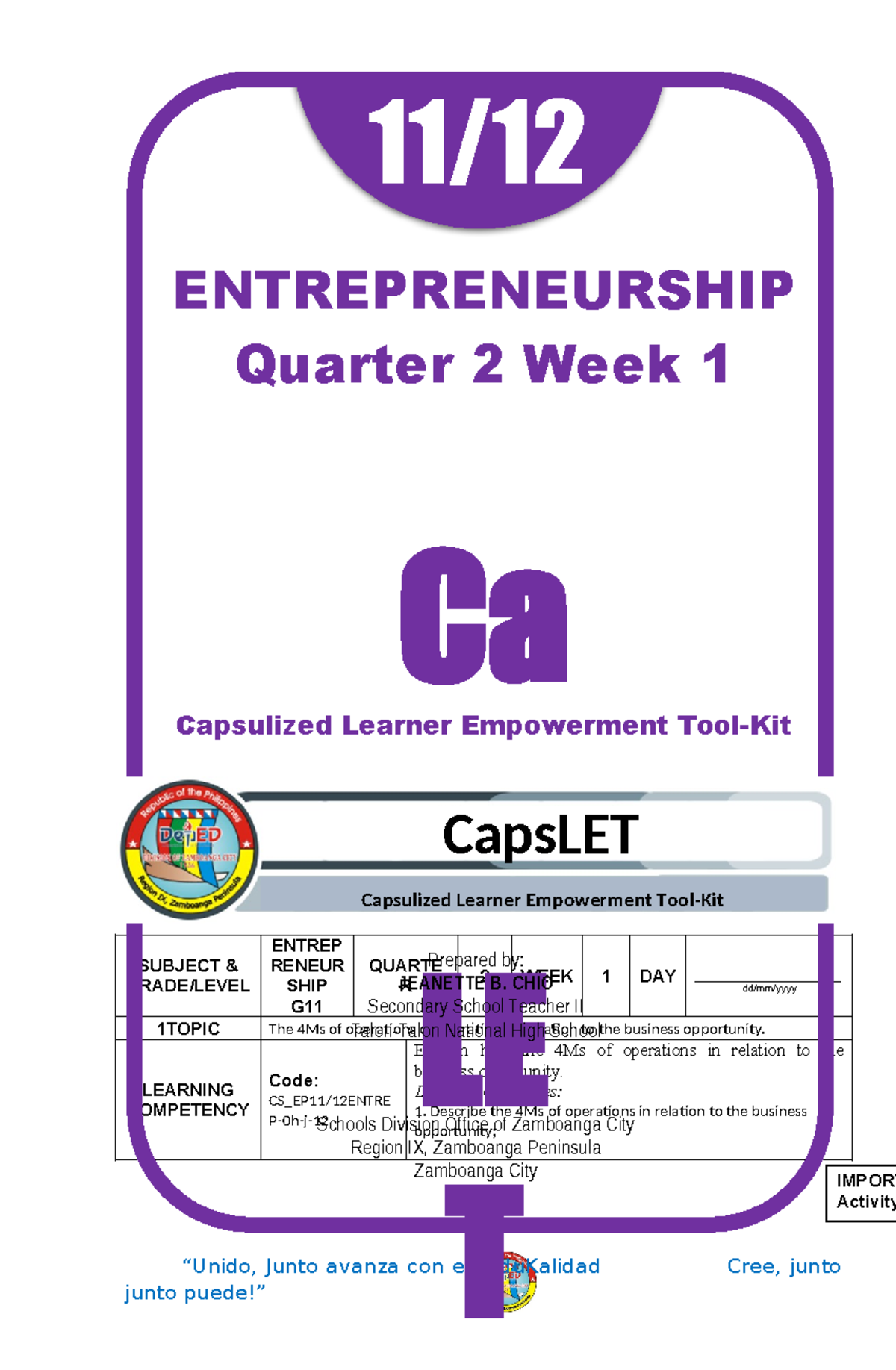 SHS Entrep Q2 Wk1 1 - ENTREPRENEURSHIP Quarter 2 Week 1 SUBJECT & GRADE ...