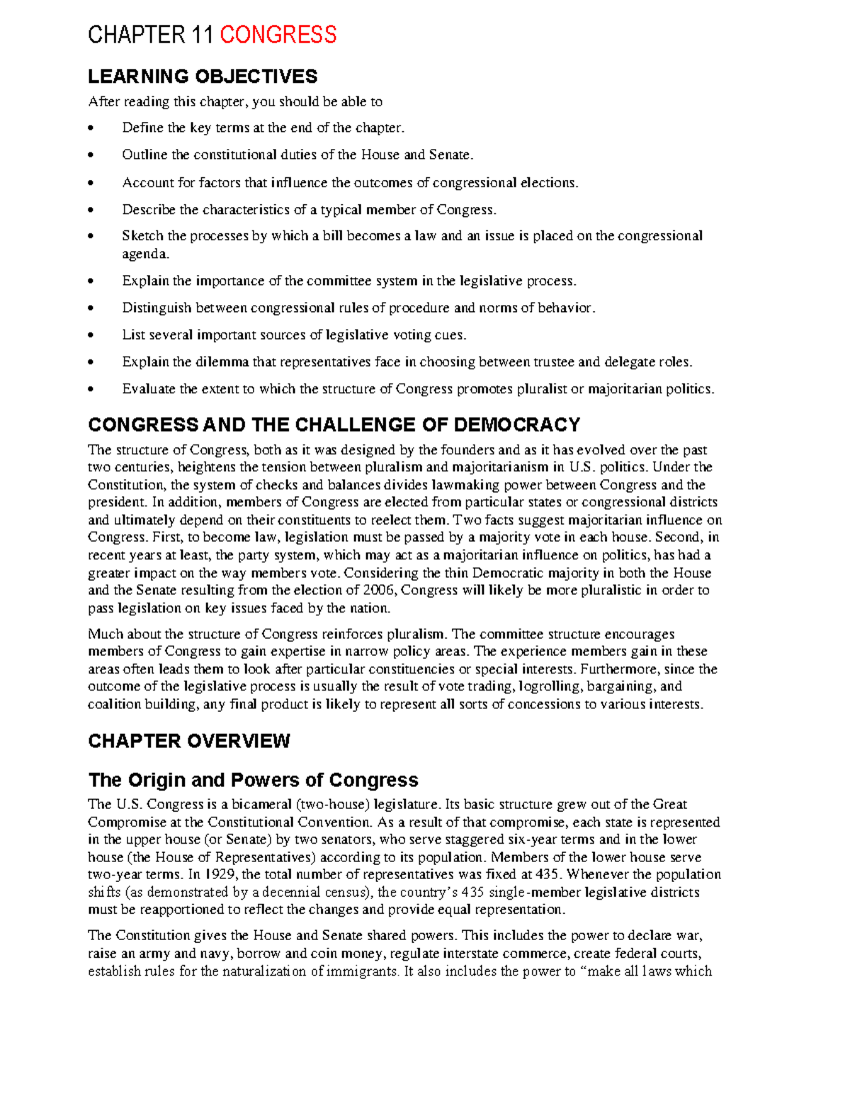Ch11 Congress Exam - science politique - CHAPTER 11 CONGRESS LEARNING ...