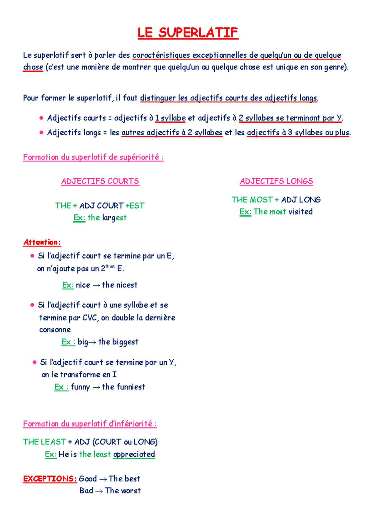3 - Le superlatif - Résume en fiche - LE SUPERLATIF Le superlatif sert ...