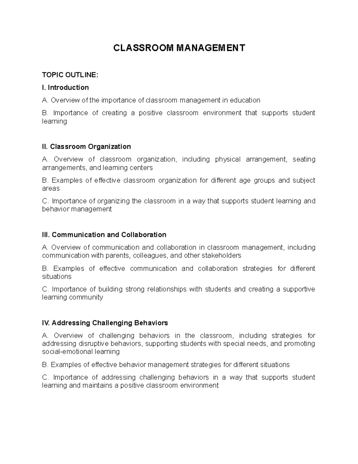 Classroom Management - CLASSROOM MANAGEMENT TOPIC OUTLINE: I ...