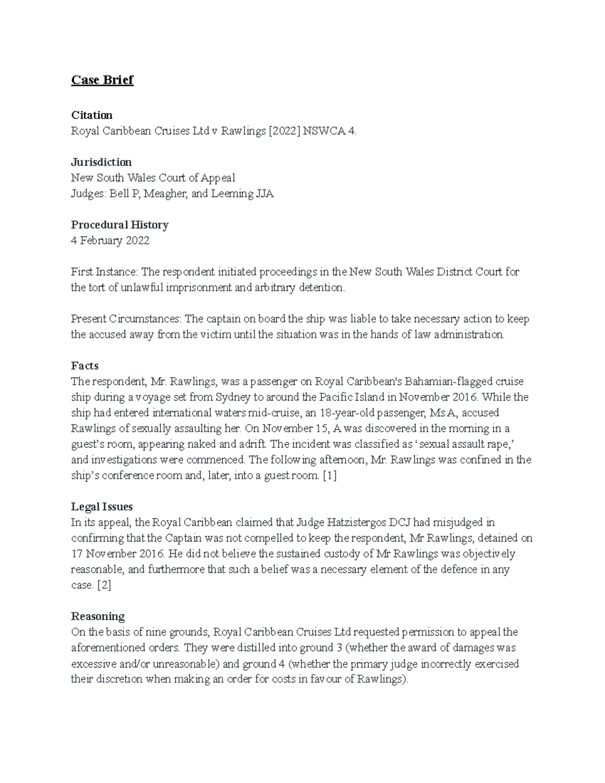 core skills assignment - Case Brief Citation Royal Caribbean Cruises ...