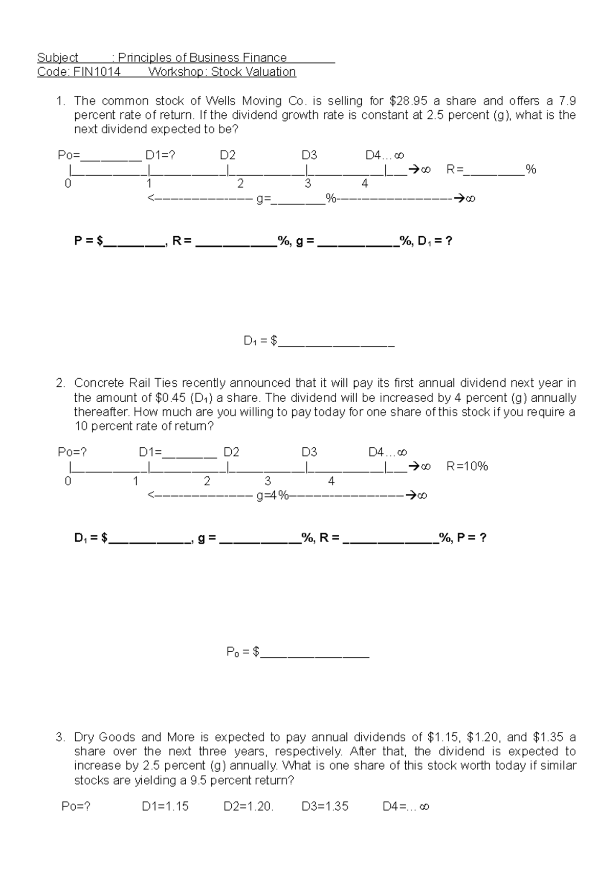 BB-Workshop (week 10) - Stock Valuation - Subject : Principles of ...