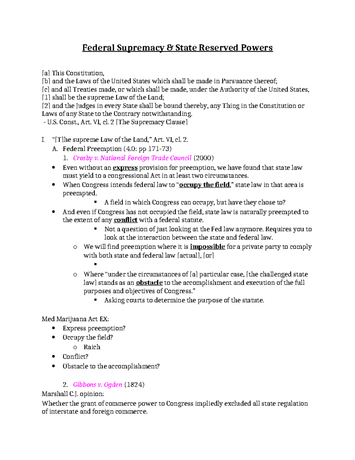 Federal Supremacy - U. Const., Art. VI, cl. 2 [The Supremacy Clause] I ...