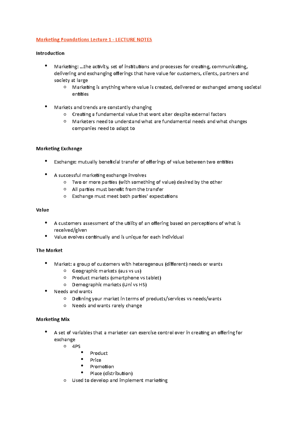 Marketing Foundations Lecture 1 Notes - . activity, set of institutions ...