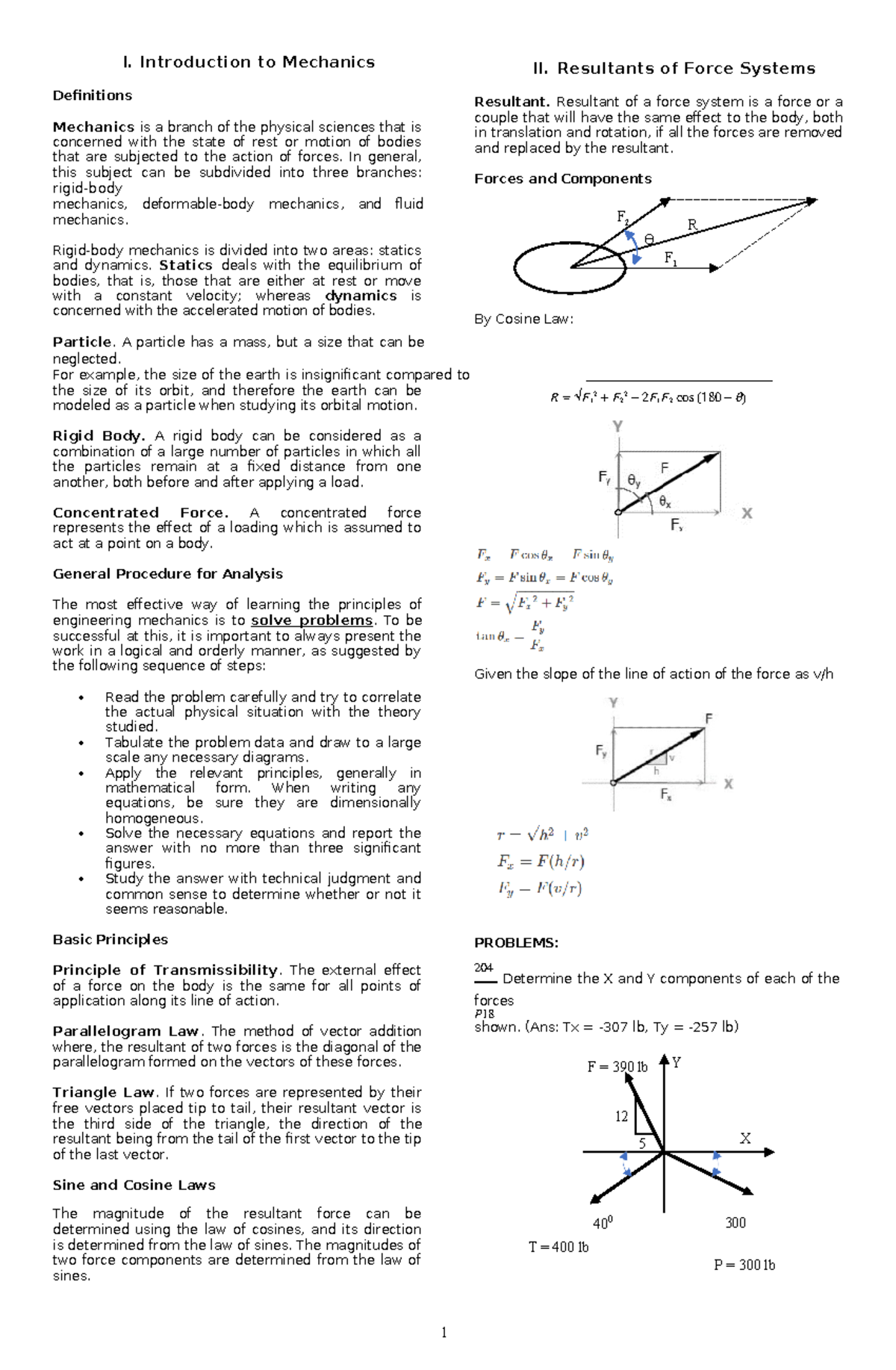 Statics lecture - F 2 R Ө F 1 I. Introduction to Mechanics Definitions Mechanics is a branch of ...