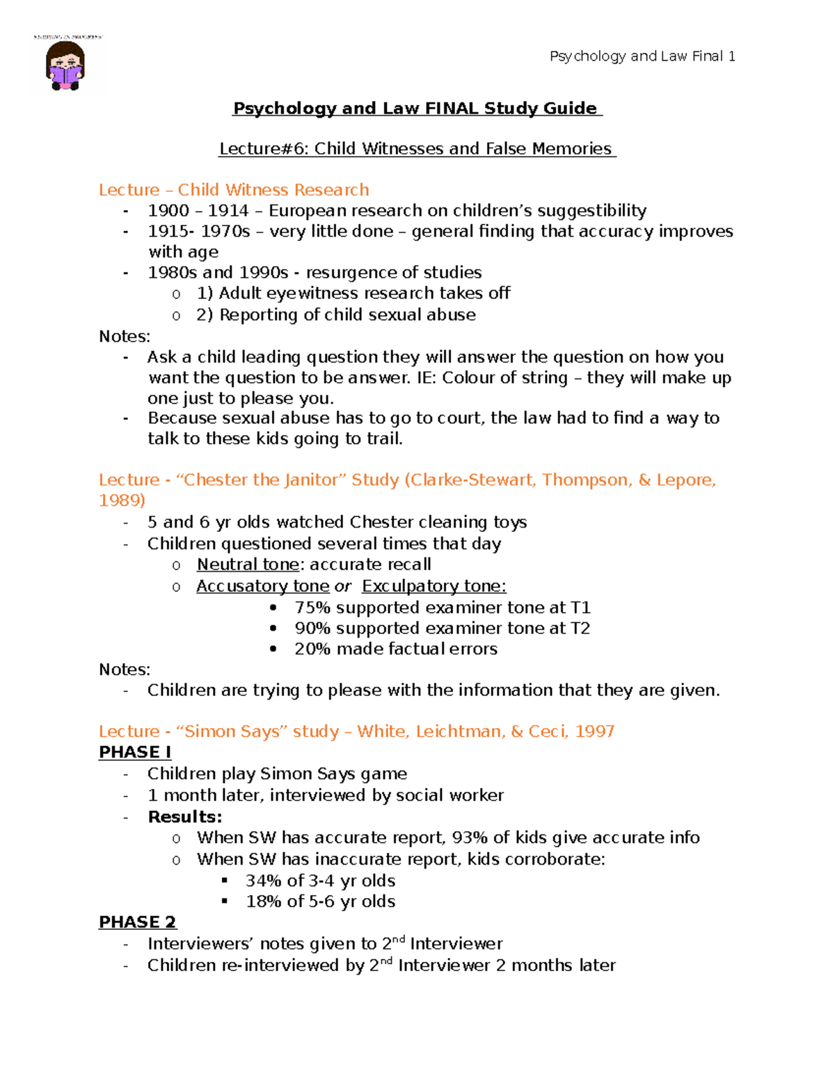 Psychology and Law Final Study Guide - Psychology and Law FINAL Study ...