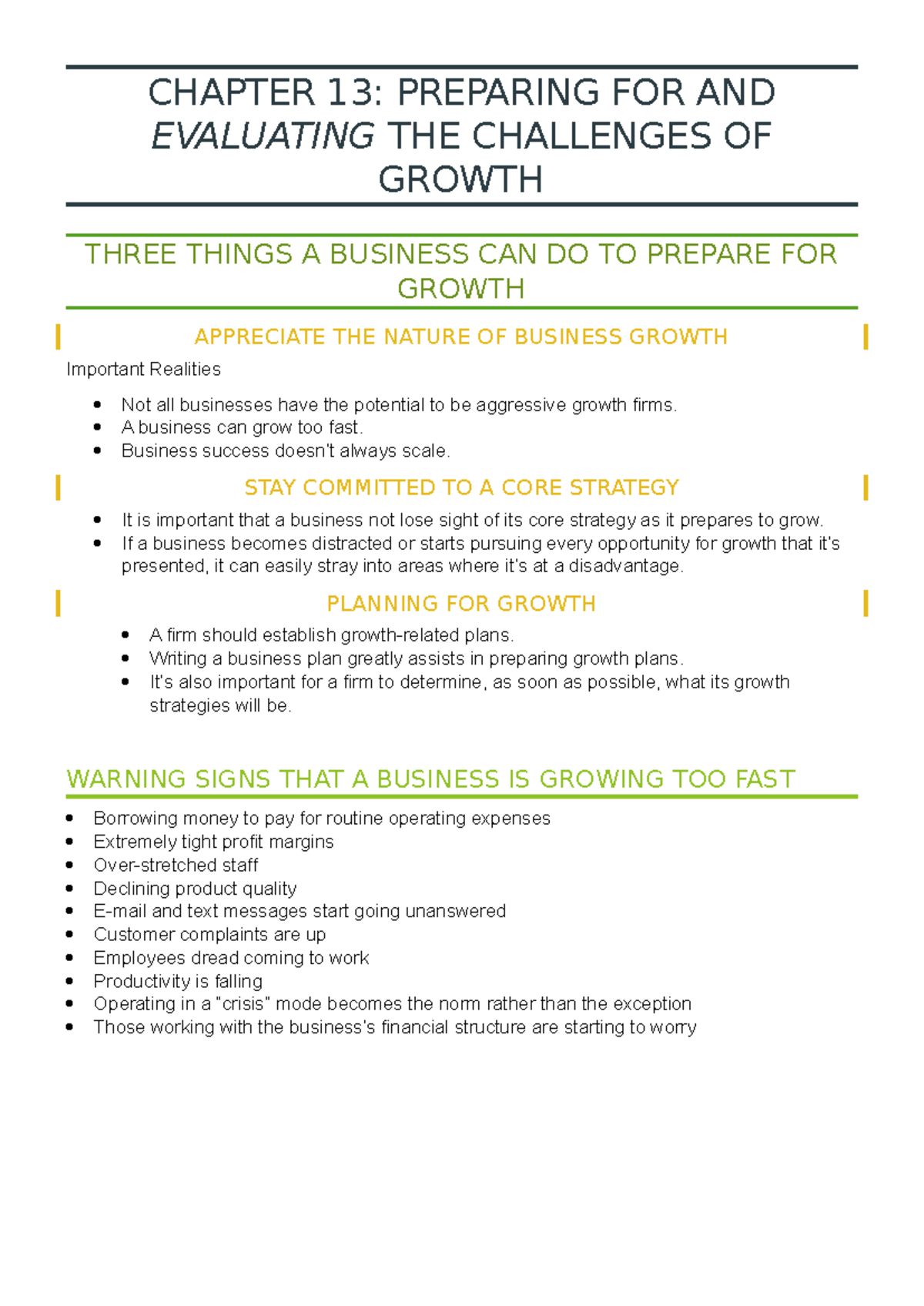 Chap 13 - Summary Business Management 2A - CHAPTER 13: PREPARING FOR AND EVALUATING THE ...