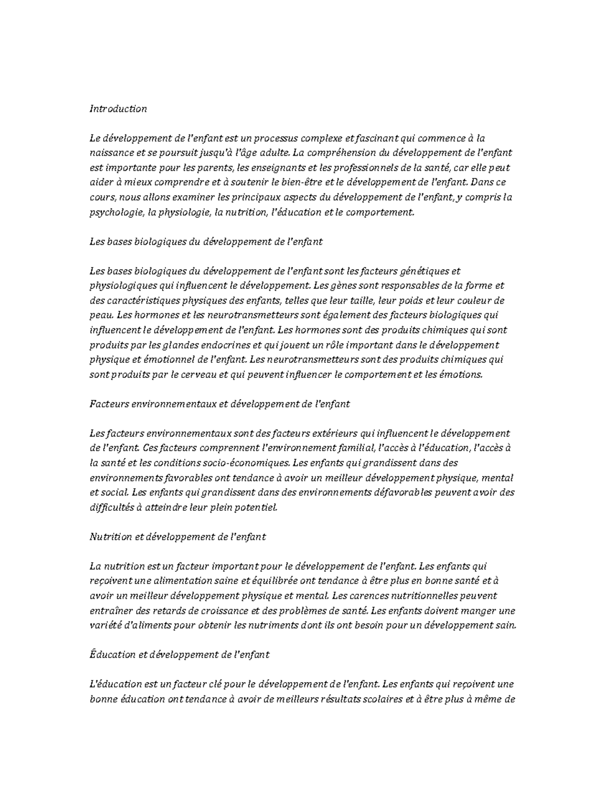 Child Development Study Notes - Introduction Le développement de l ...