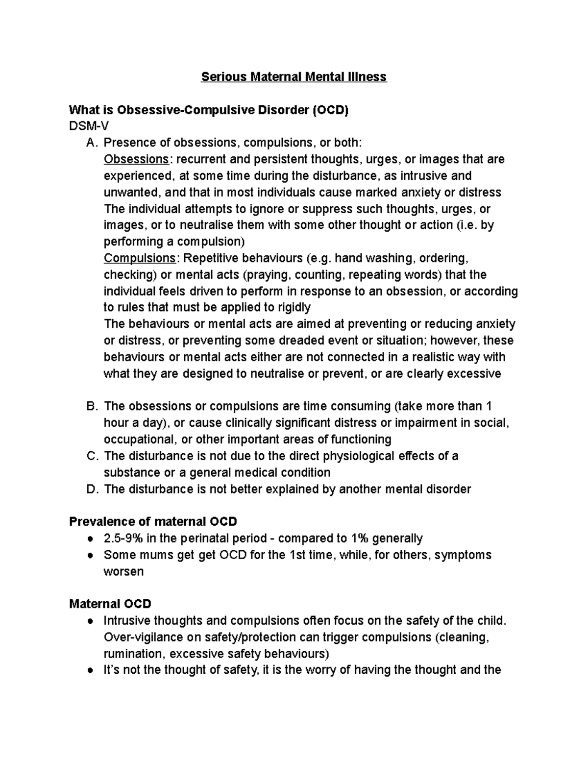 Serious Maternal Mental Illness - Presence of obsessions, compulsions ...