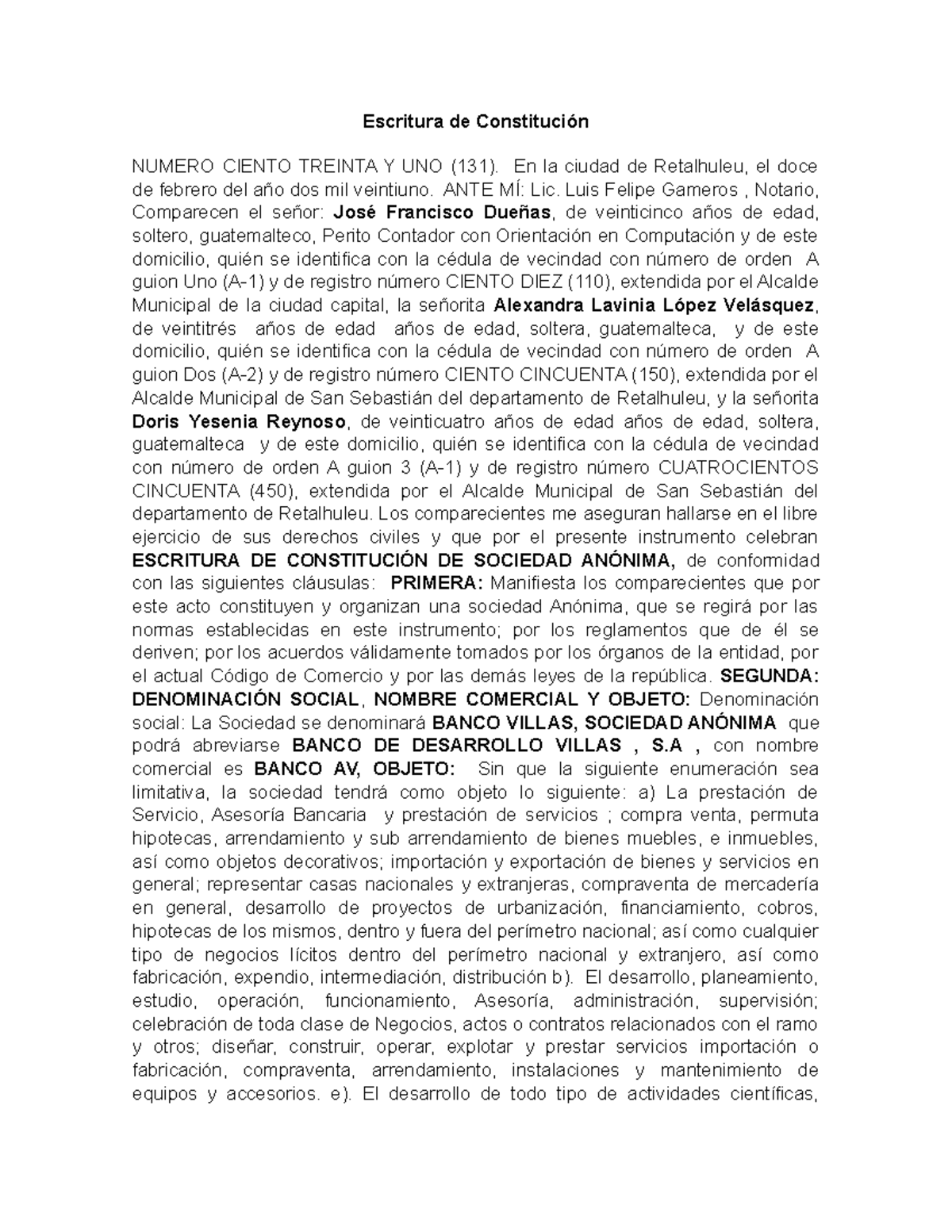 Escritura de Constitución - Escritura de Constitución NUMERO CIENTO ...