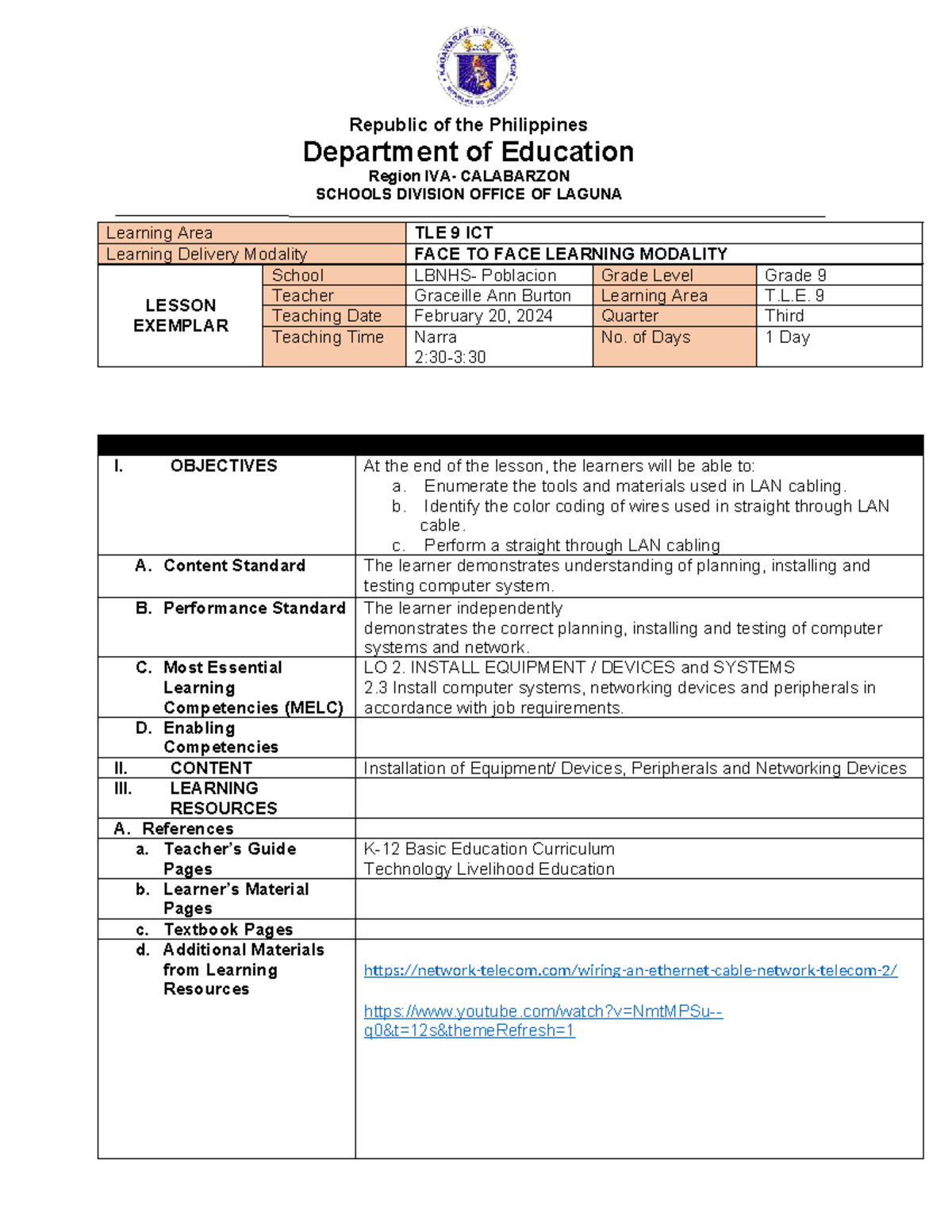 lesson plan in TLE - Department of Education Region IVA- CALABARZON ...