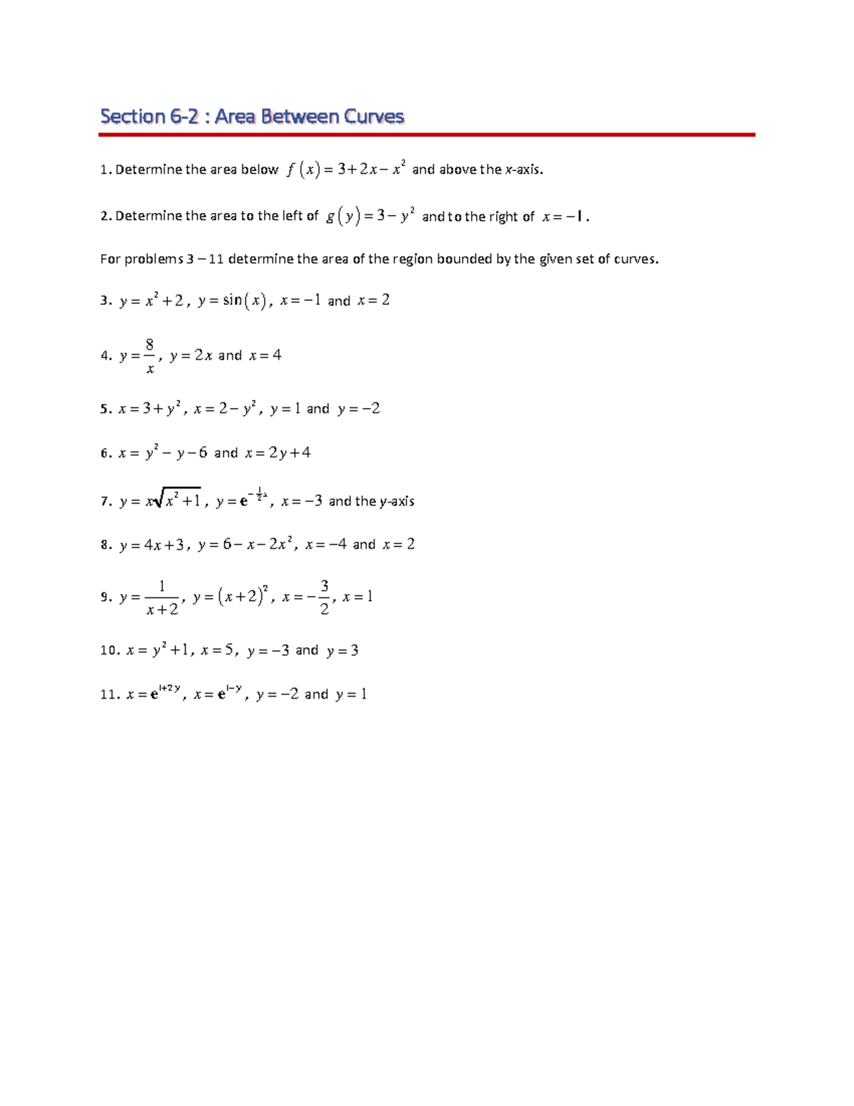 Calc I Area Between Curves Problems - Section 6 - 2 : Area Between ...