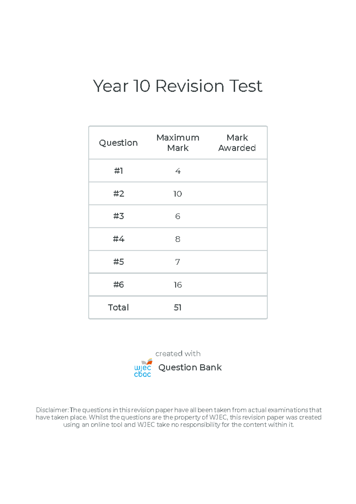 Year 10 revision test - Notes - Year 10 Revision Test Question Maximum ...