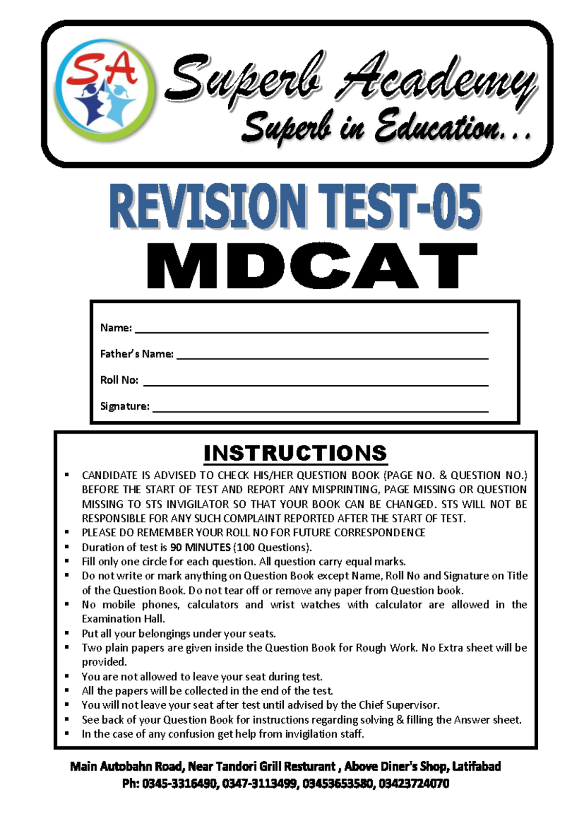 Mdcat RT-5 - Not - INSTRUCTIONS CANDIDATE IS ADVISED TO CHECK HIS/HER QUESTION BOOK (PAGE NO ...