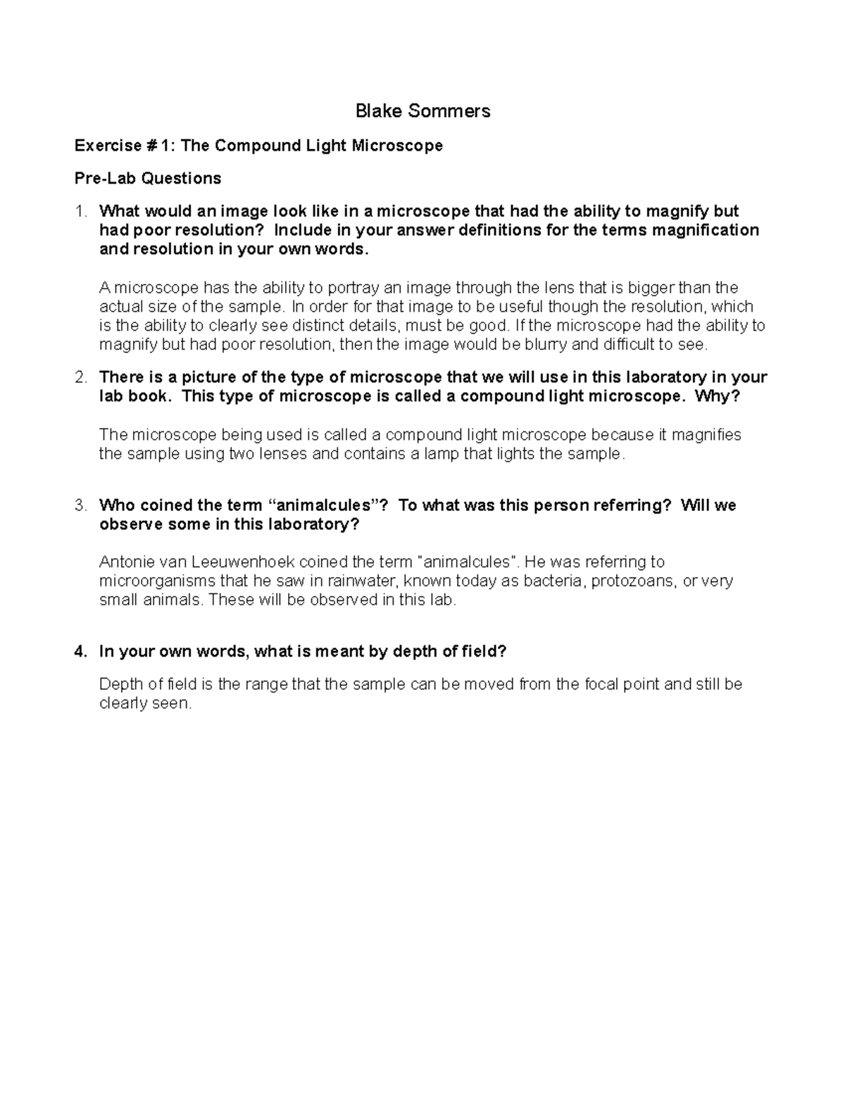 Pre-Lab Exercise 1 Compound Light Microscope - Blake Sommers Exercise ...