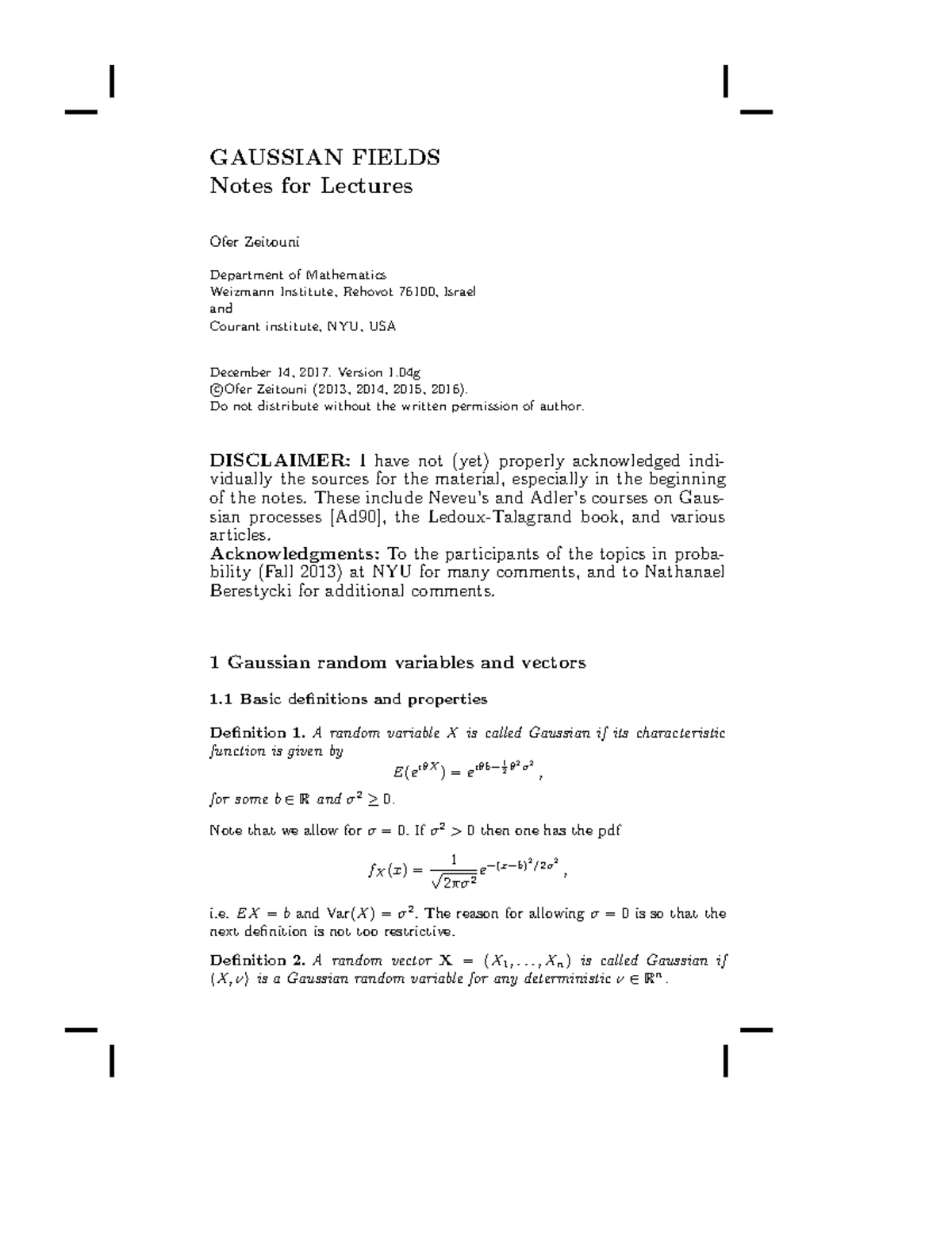 Notes Gauss - GAUSSIAN FIELDS Notes for Lectures Ofer Zeitouni ...