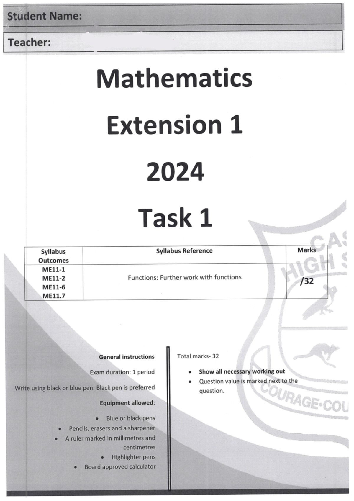Ext 1 Task 1 - Further work with Functions - Student Name: Teacher ...