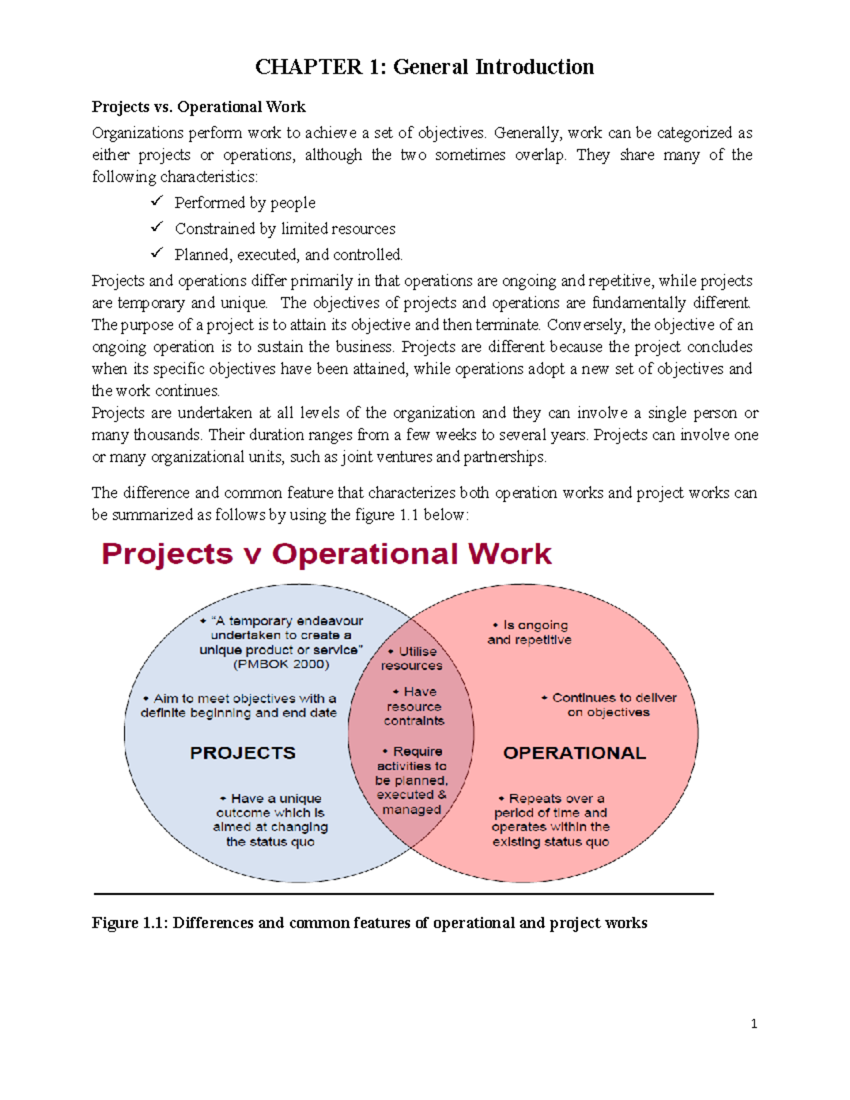Project -Ch-1 - CHAPTER 1: General Introduction Projects vs. Operational Work Organizations ...