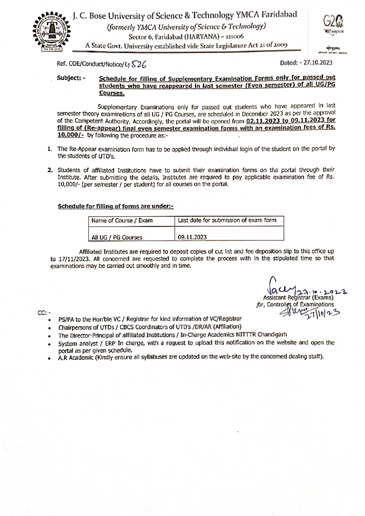 Schedule for filling of Supplementary Examination Forms only for passed ...