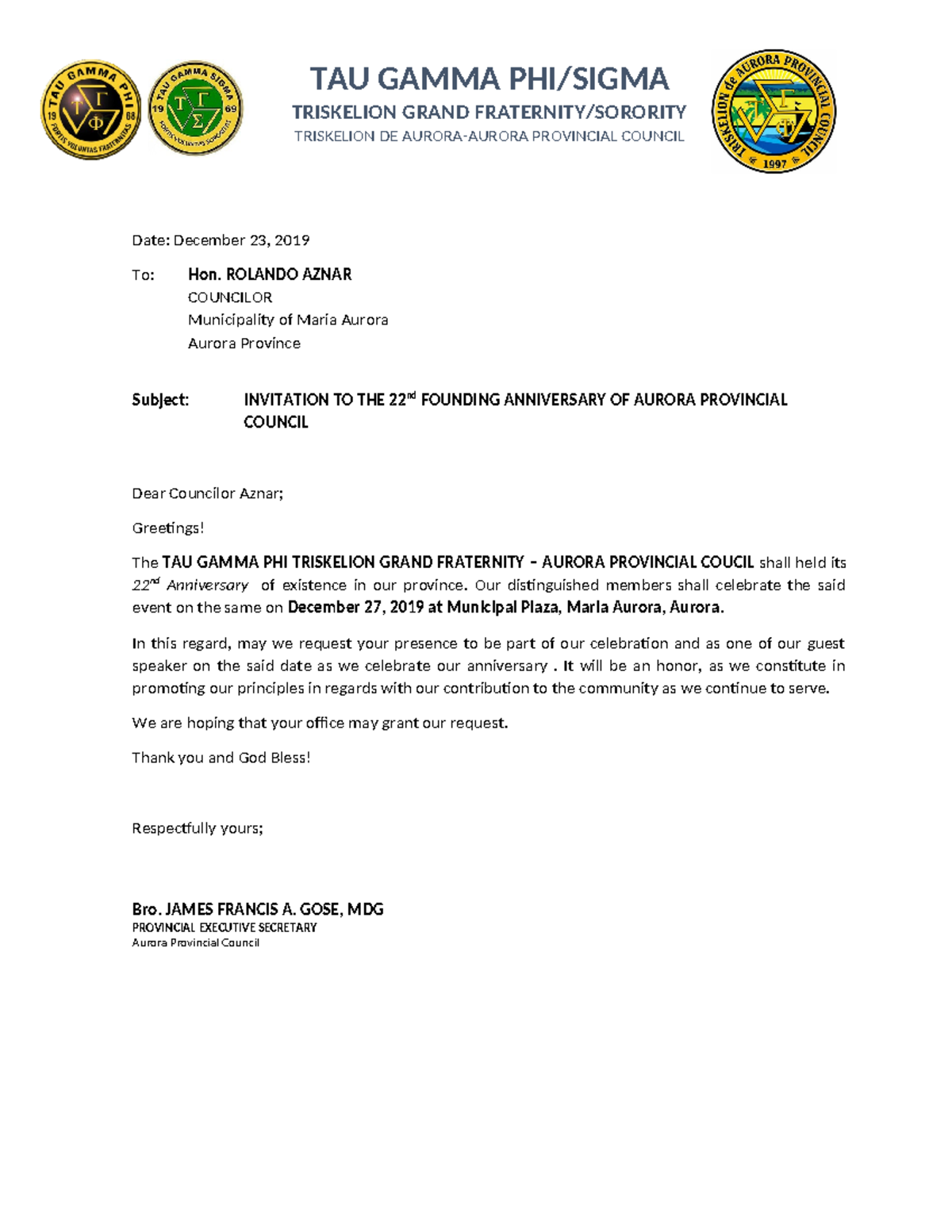 Request Letter to Councilor Aznar - TAU GAMMA PHI/SIGMA TRISKELION ...