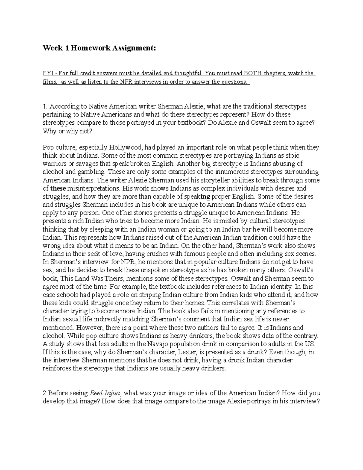 Week 1 Homework Assignment - Week 1 Homework Assignment: FYI - For full ...