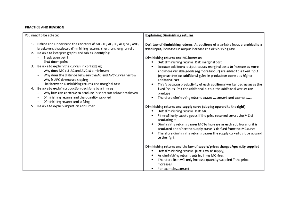 Need to know and dim returns - PRACTICE AND REVISION You need to be ...