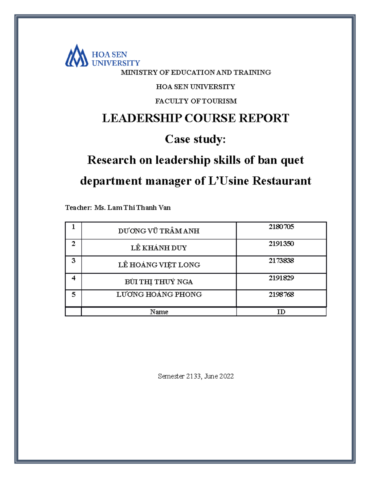 Báo-cáo-leadership - Essay leadership - MINISTRY OF EDUCATION AND ...