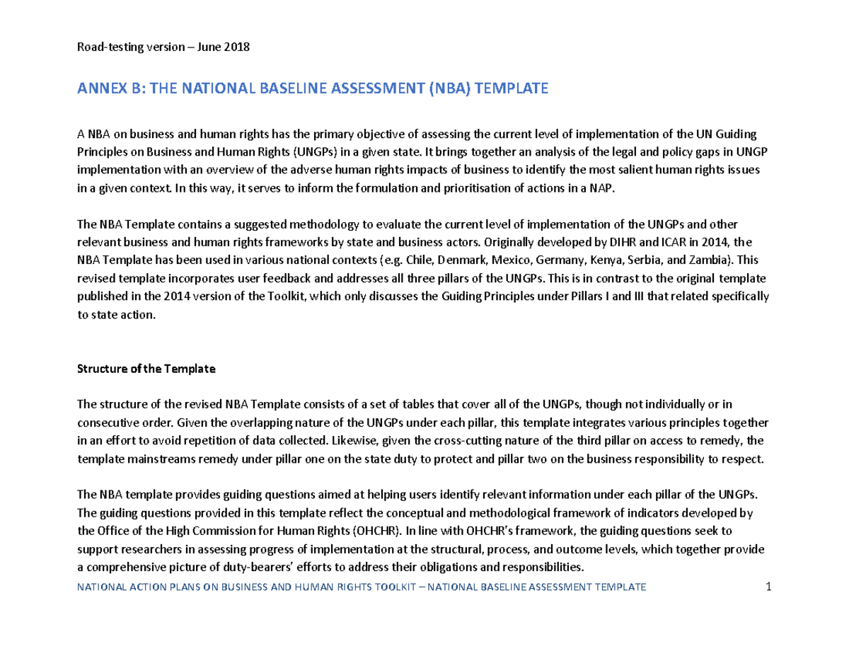 Dihr icar national baseline assessment template june 2018 road testing ...
