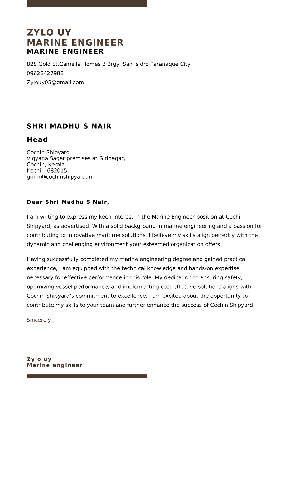 Application letter example - ZYLO UY MARINE ENGINEER MARINE ENGINEER ...