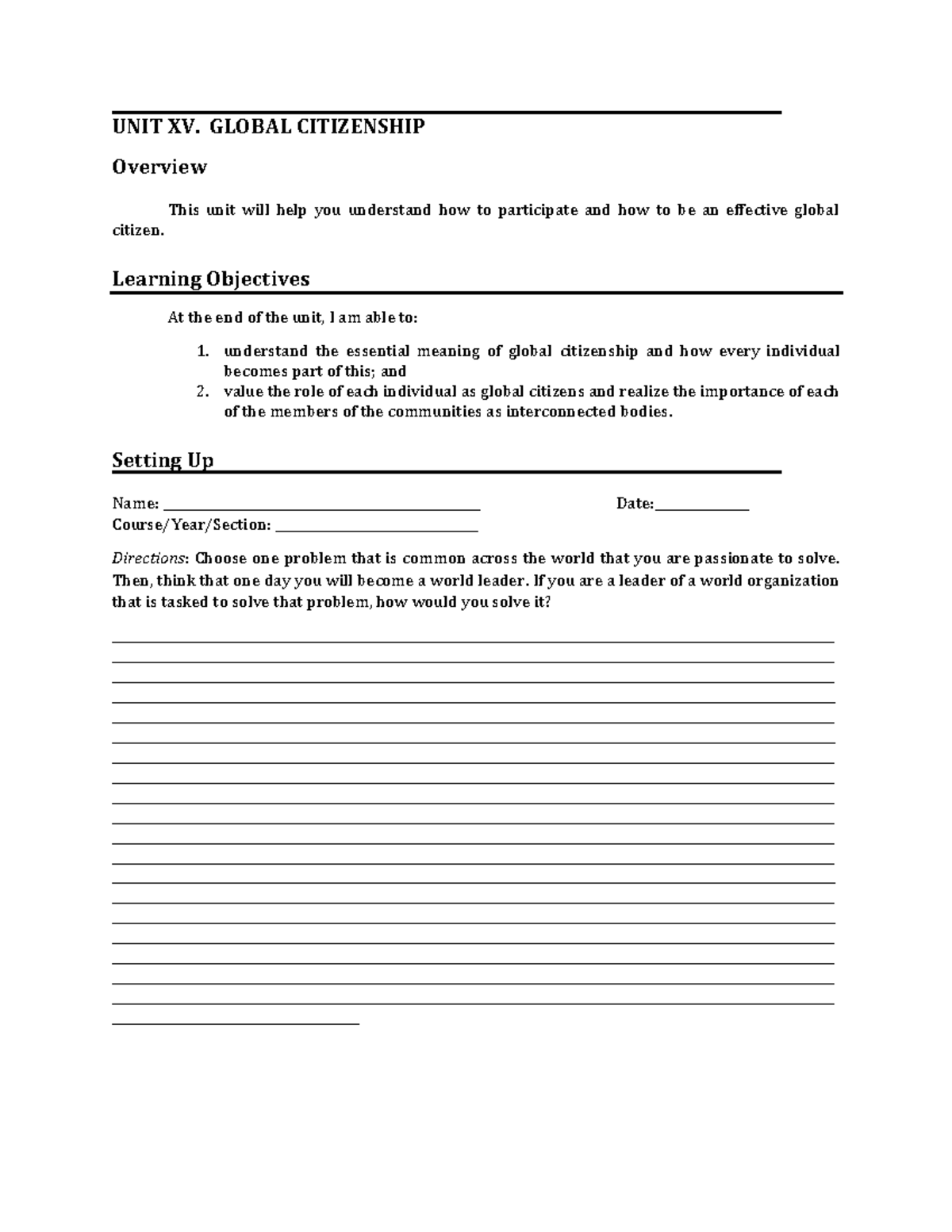 UNIT XV Global Citizenship - UNIT XV. GLOBAL CITIZENSHIP Overview This ...