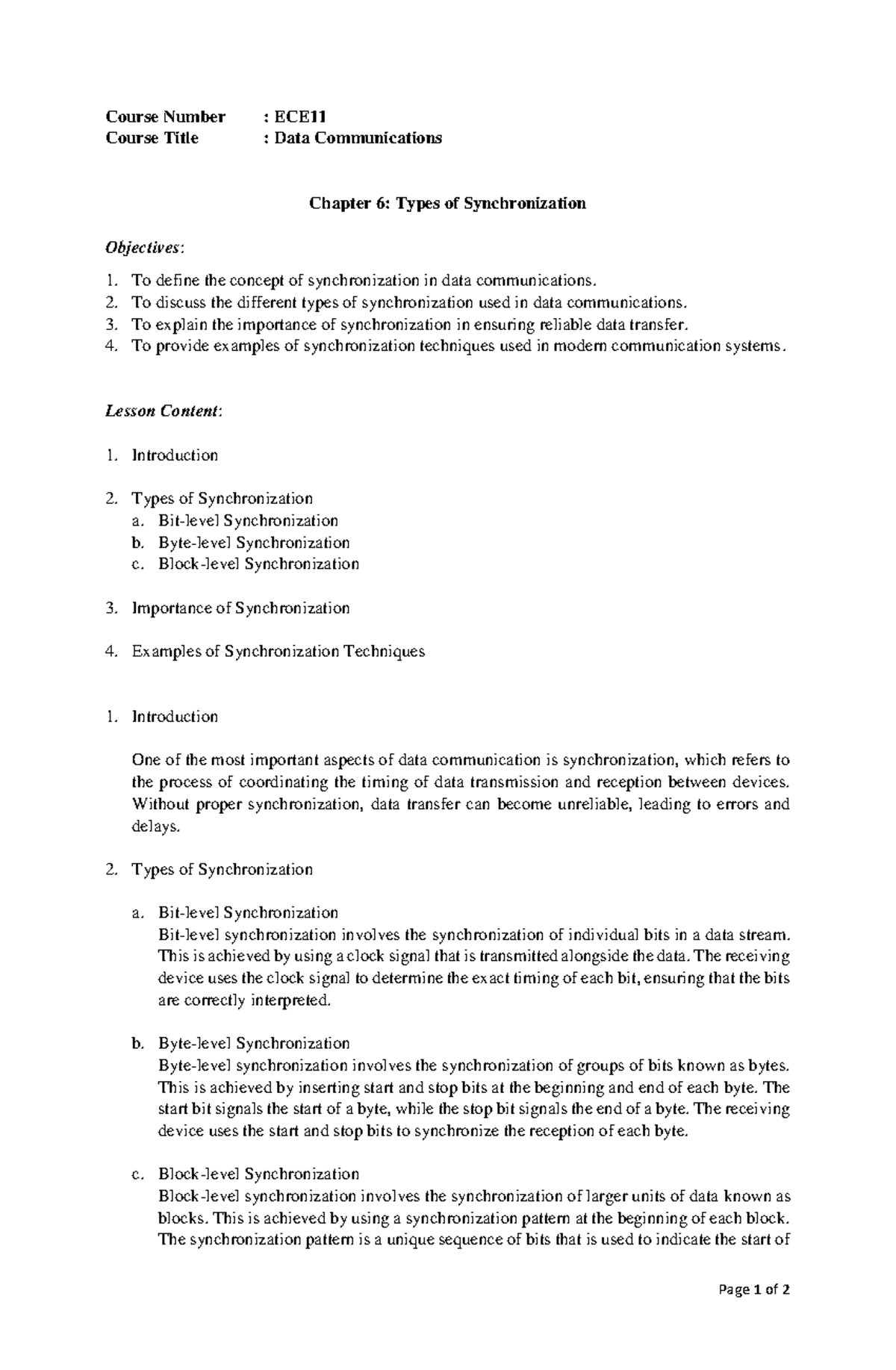 Chapter 6 - Types of Synchronization - Page 1 of 2 Course Number : ECE Course Title : Data - Studocu