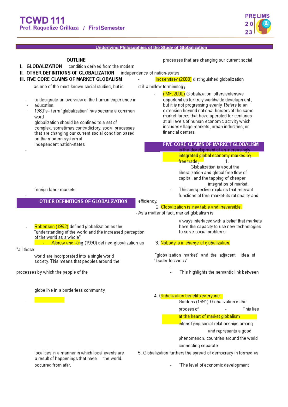 Tcwd reviewer for prelims - OUTLINE processes that are changing our ...