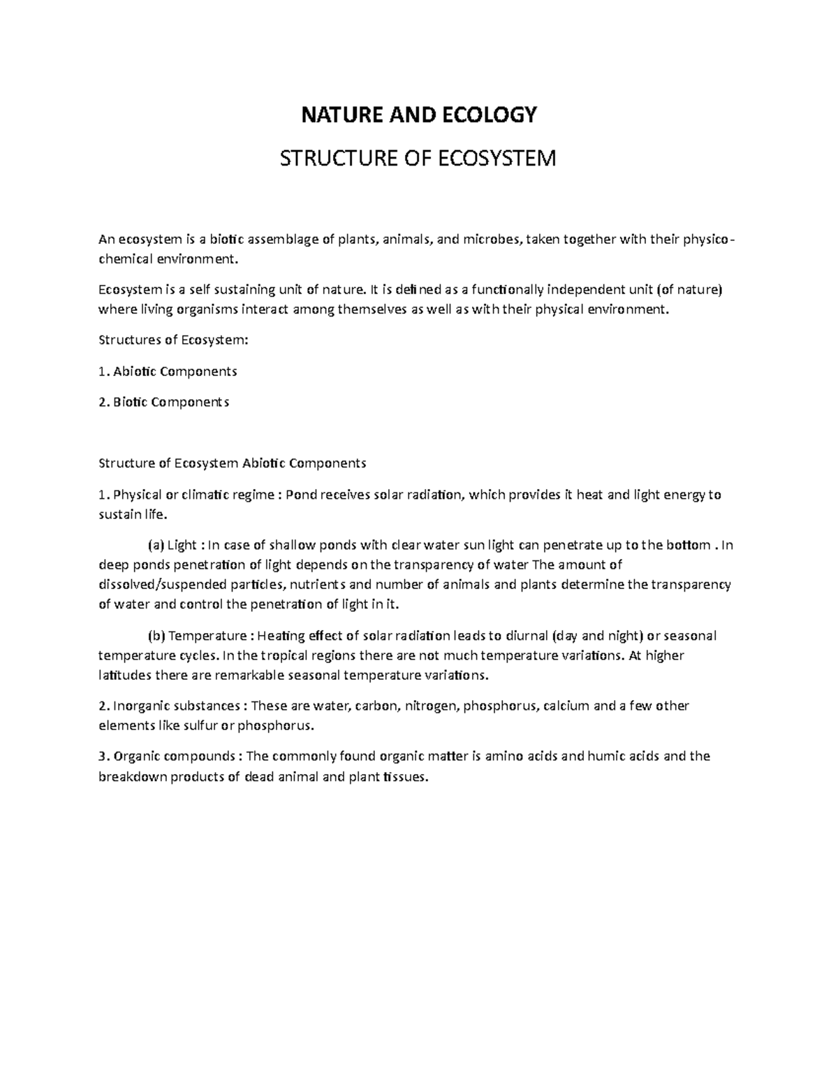Structure of Ecosystem - NATURE AND ECOLOGY STRUCTURE OF ECOSYSTEM An ...