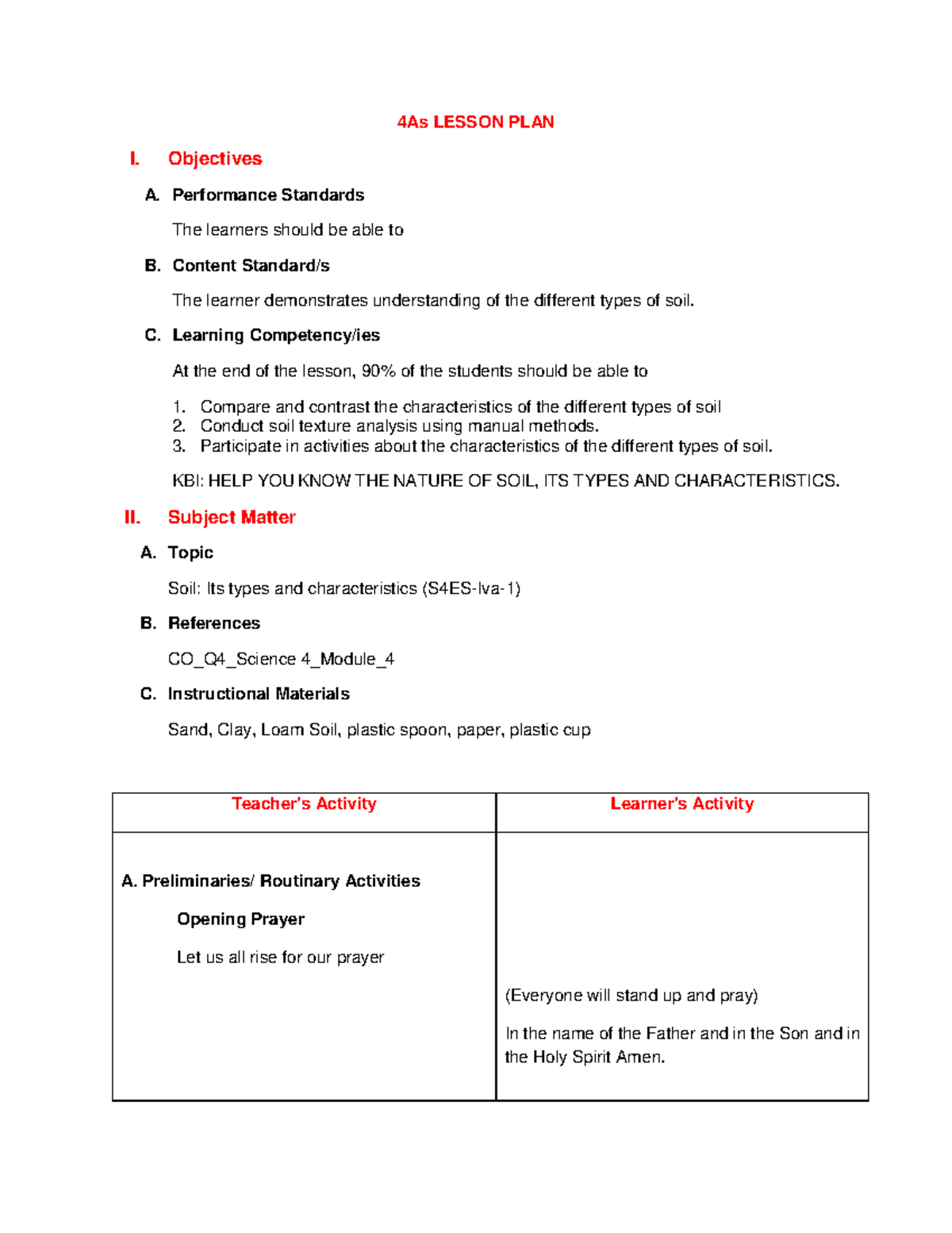 4As Lesson Plan - 4As LESSON PLAN I. Objectives A. Performance ...