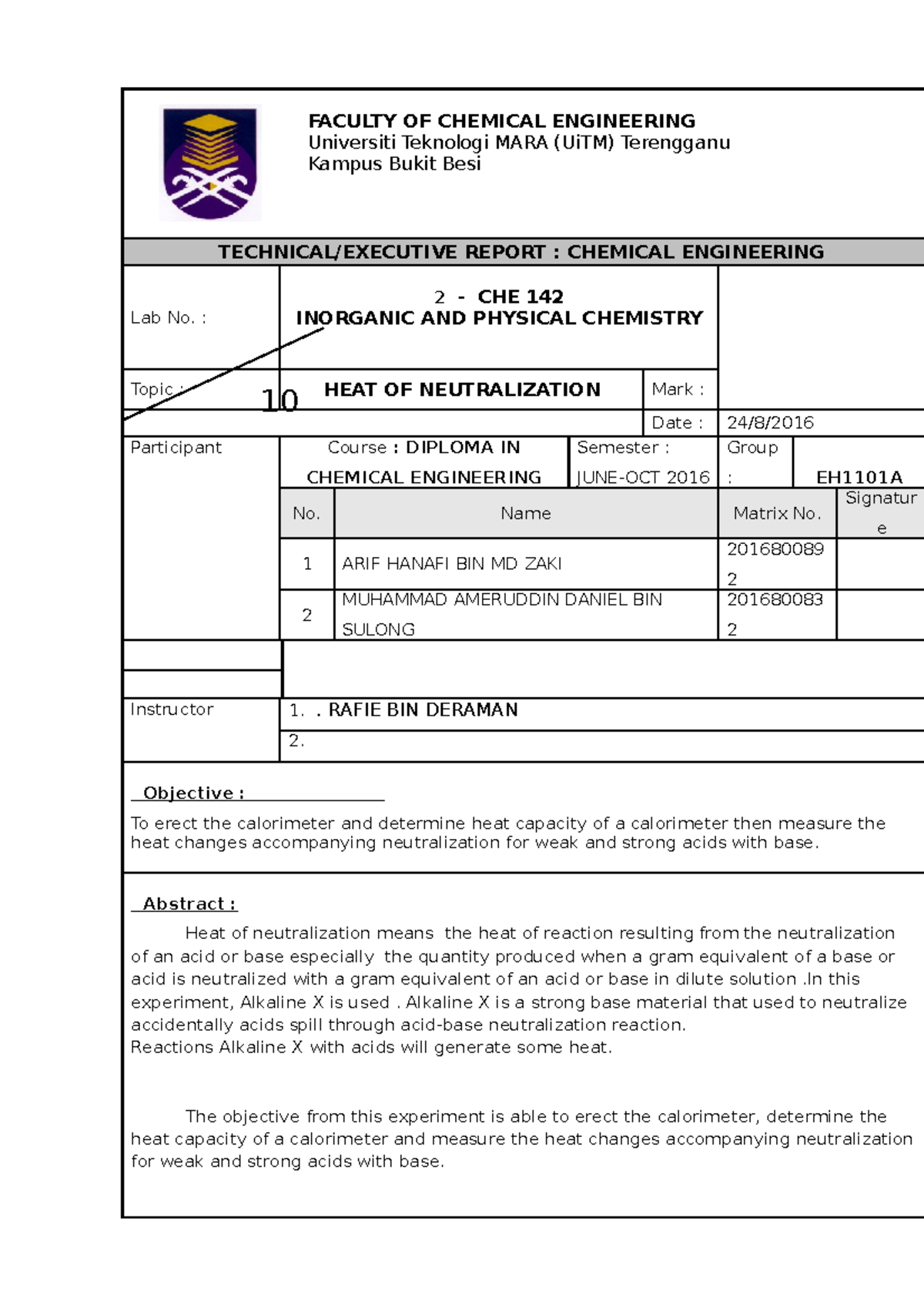 CHE 142 Inorganic Chemistry Lab Report H - FACULTY OF CHEMICAL ...