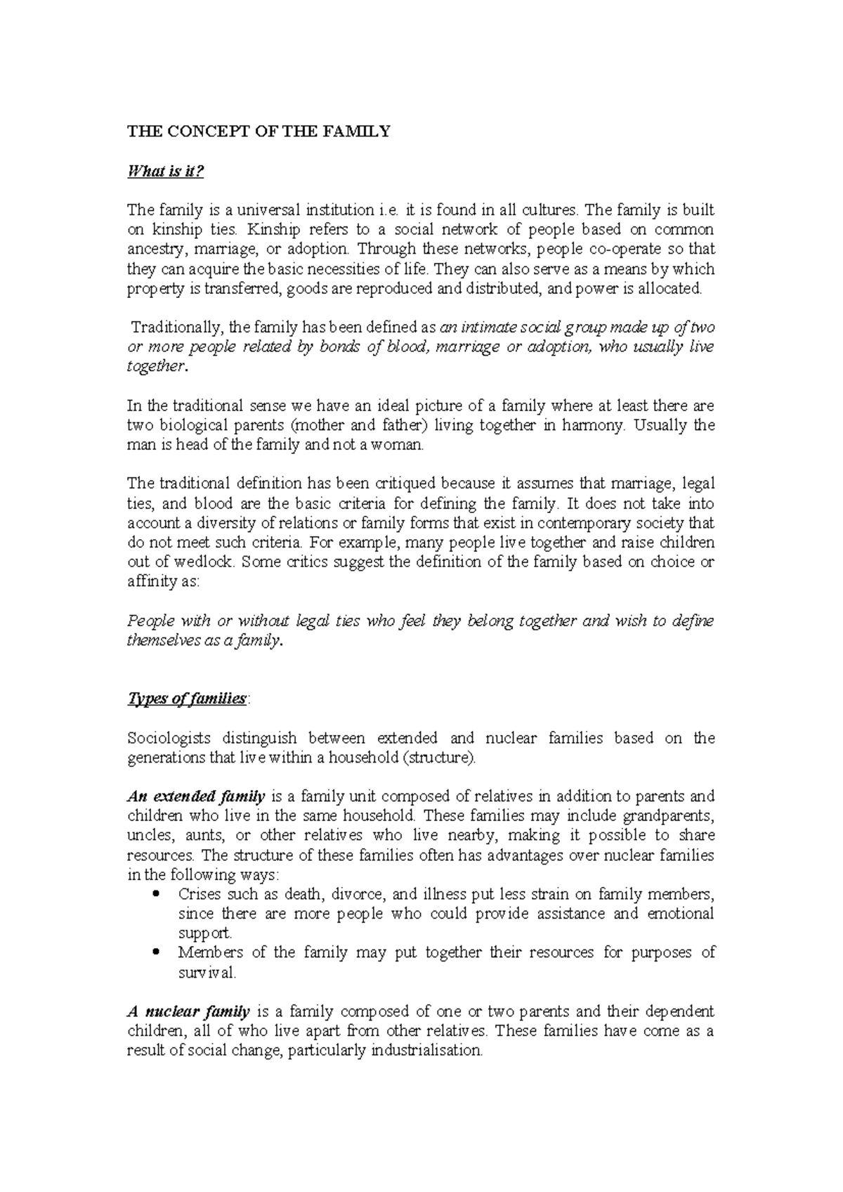Concept of the family - Lecture notes - THE CONCEPT OF THE FAMILY What ...