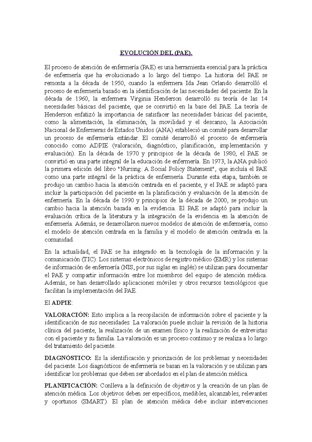 Evolución del PAE - proceso de atencion historia - EVOLUCIÓN DEL (PAE ...