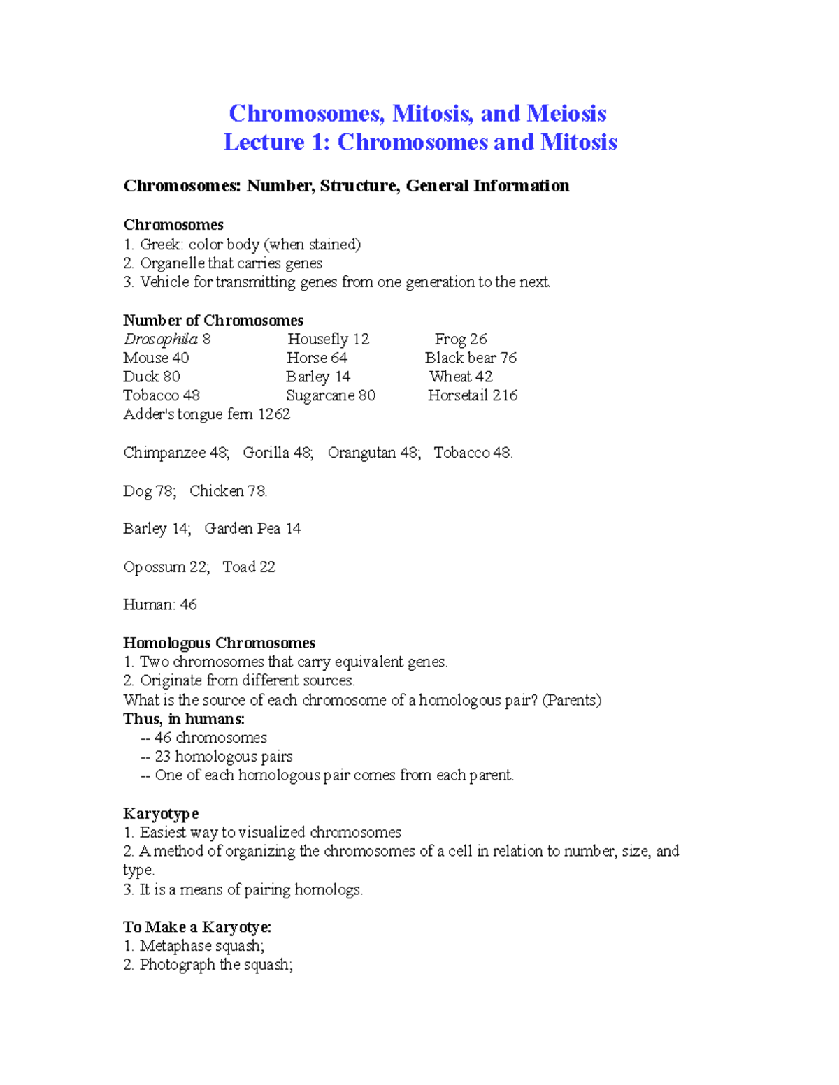 Mitosis and meiosis - Lecture notes 6 - Chromosomes, Mitosis, and ...