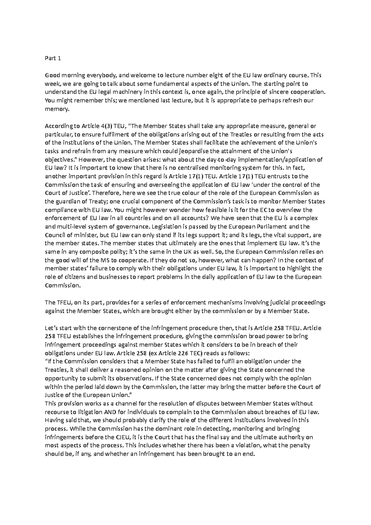 EU Law ordinary 21 - lecture scripts for EU law - Part 1 Good morning ...