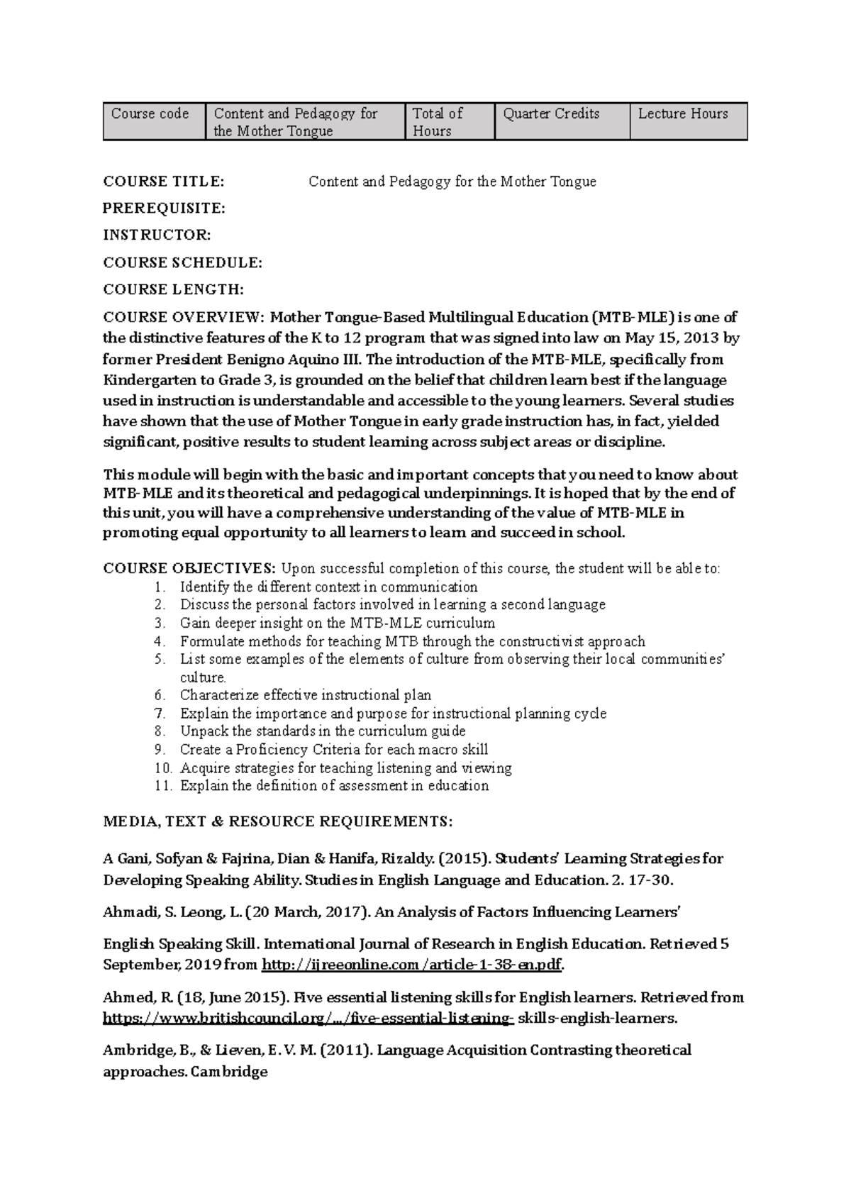 Content and Pedagogy for the Mother Tongue Syllabus - Course code ...