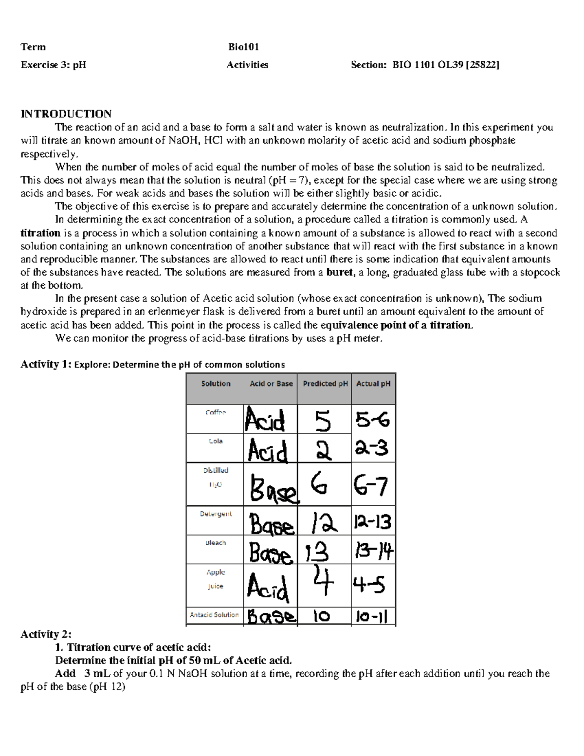 BIO 1101 - LAB 3 - Term Bio Exercise 3: pH Activities Section: BIO 1101 ...