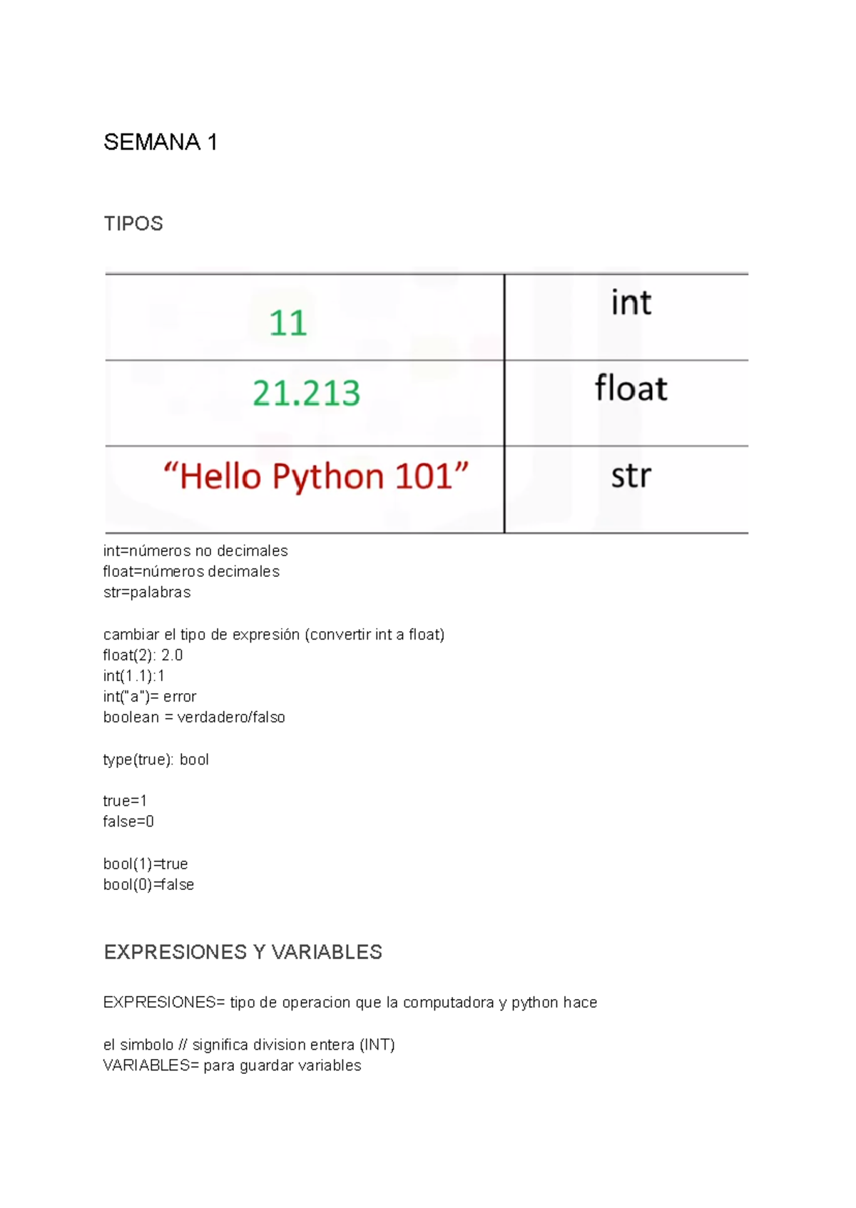 Apuntes - yurrr - SEMANA 1 TIPOS int=números no decimales float=números ...