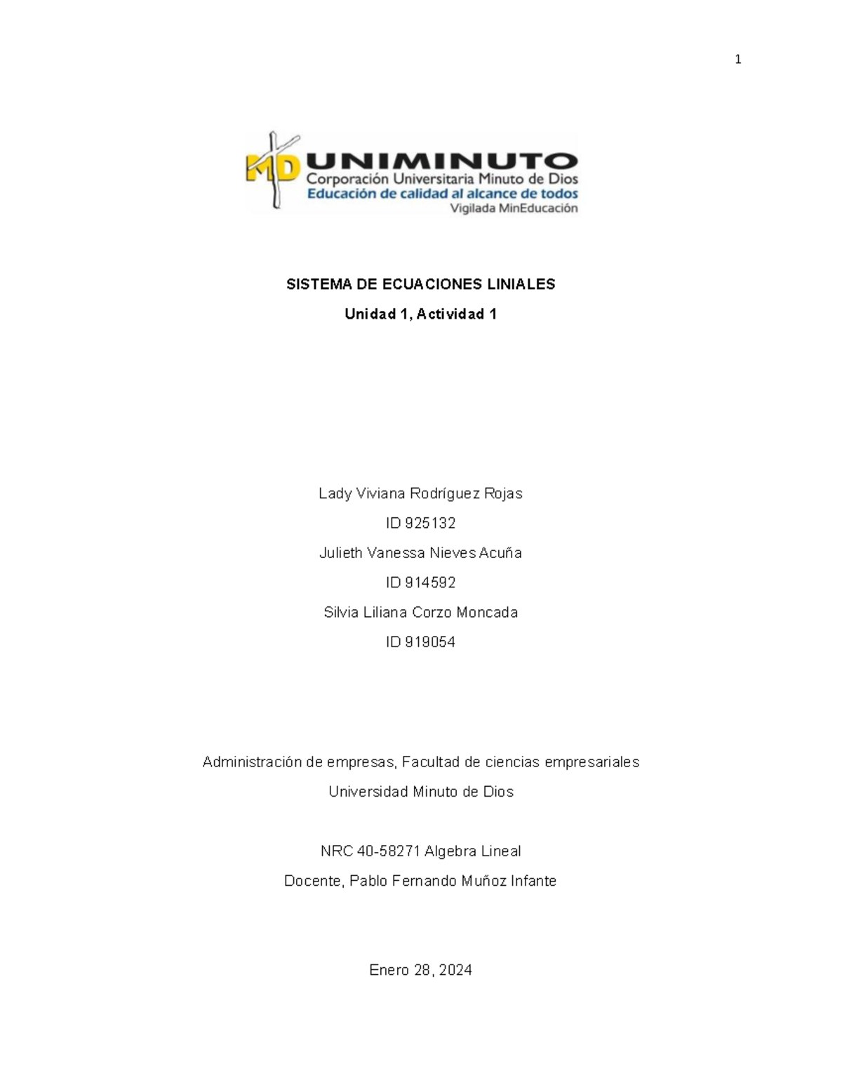 Actividad 1, ecuaciones lineales - SISTEMA DE ECUACIONES LINIALES ...