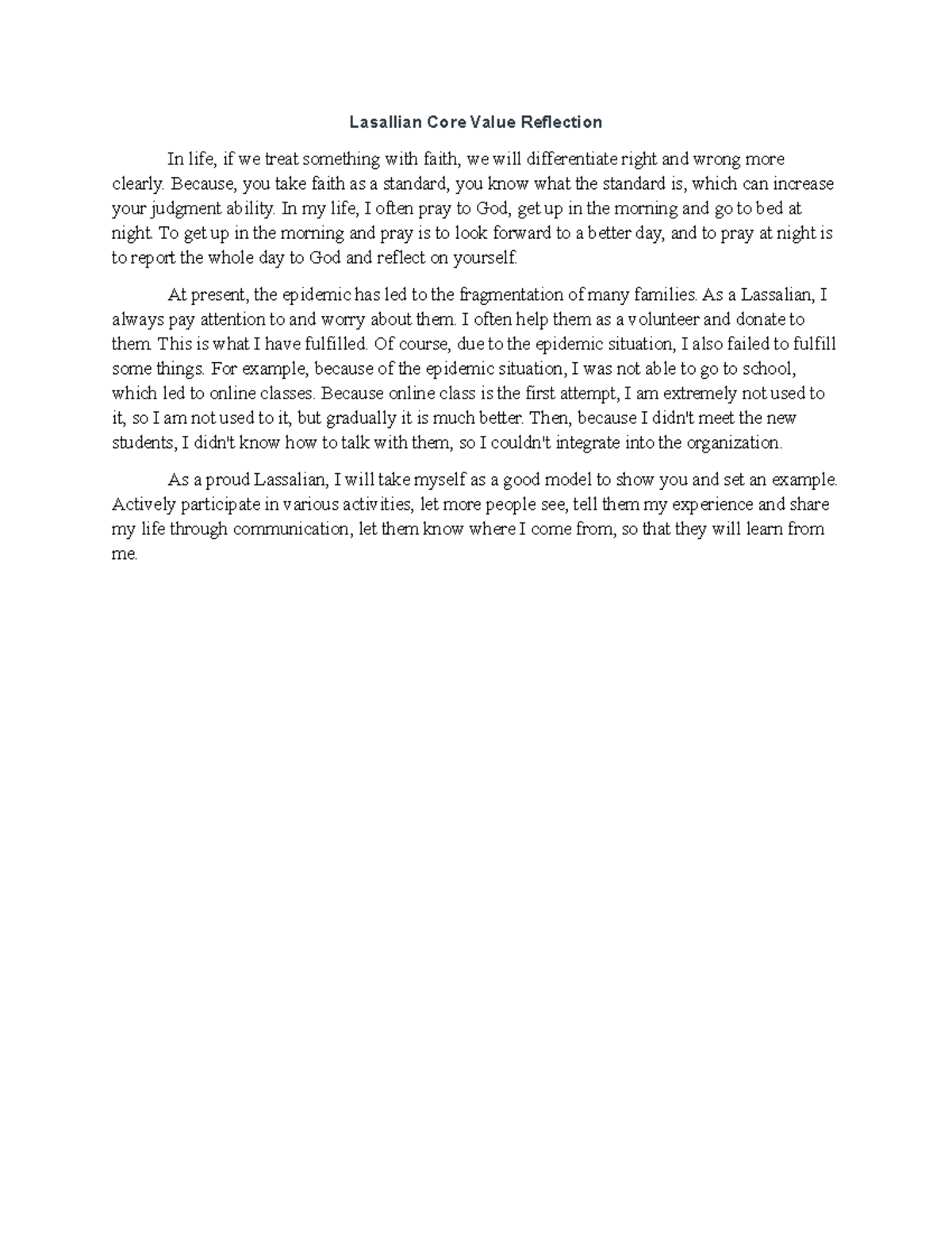 Lasallian Core Value Reflection - Because, you take faith as a standard ...