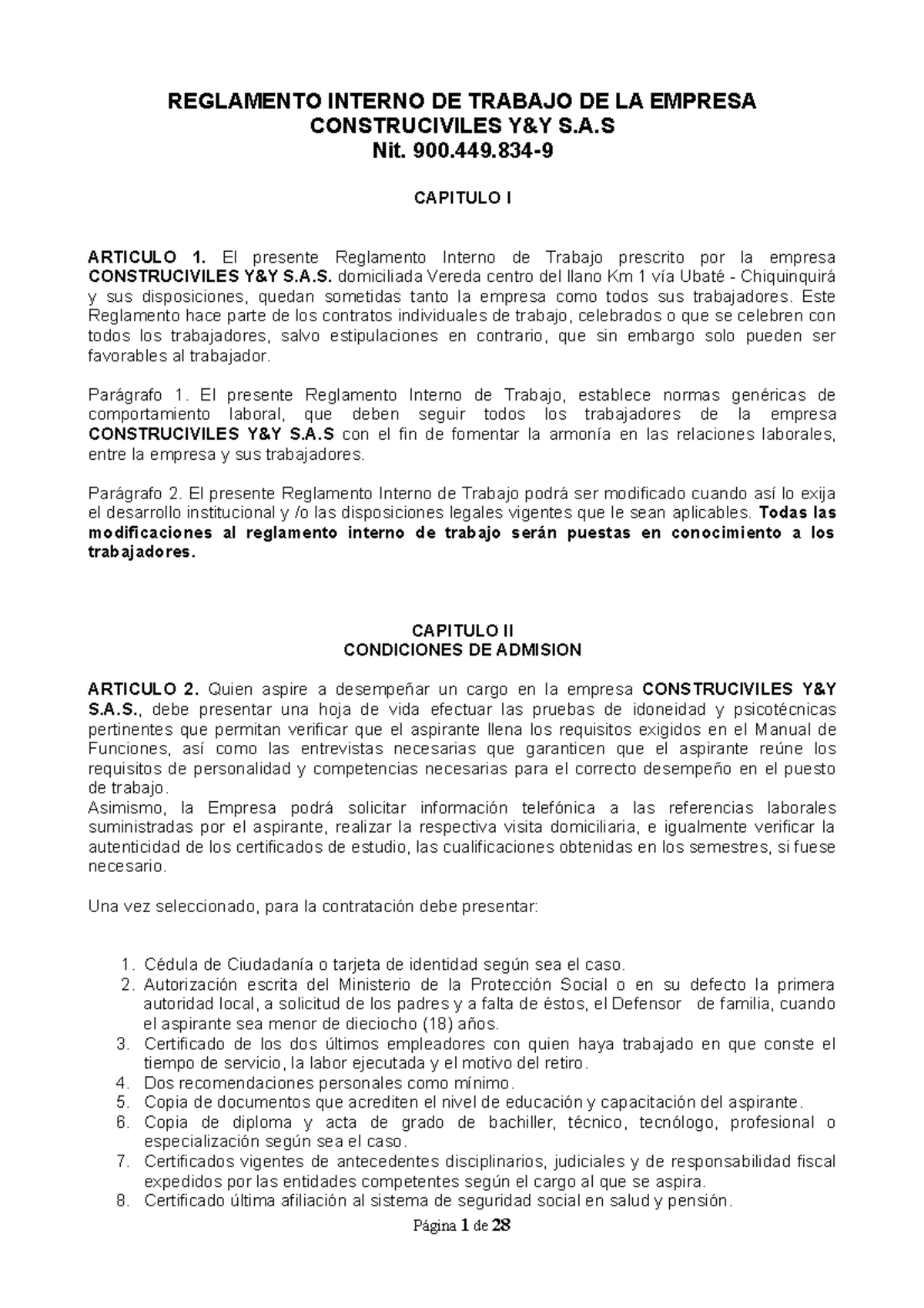 Reglamento Interno DE Trabajo DE LA Empresa Construciviles AL 1 DE ...